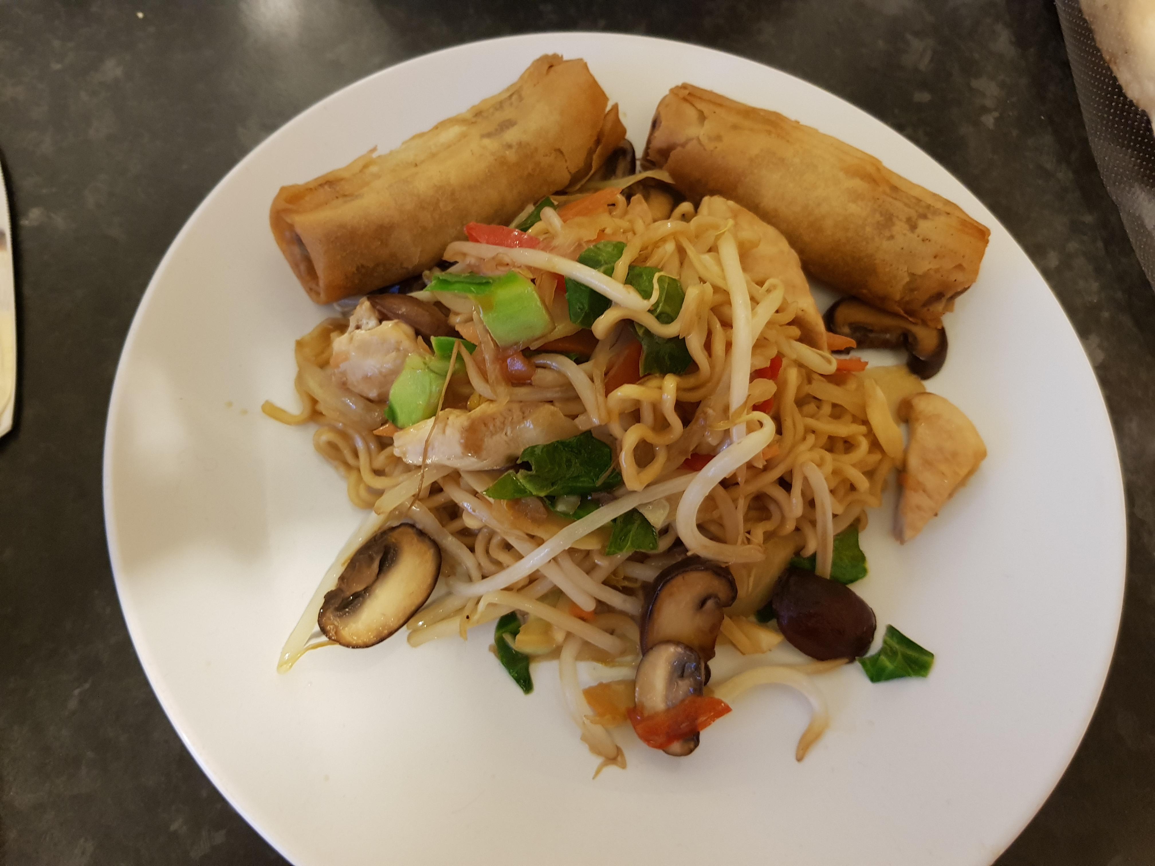 [Homemade] chicken and vegetable stir fry with duck spring rolls. | Scrolller