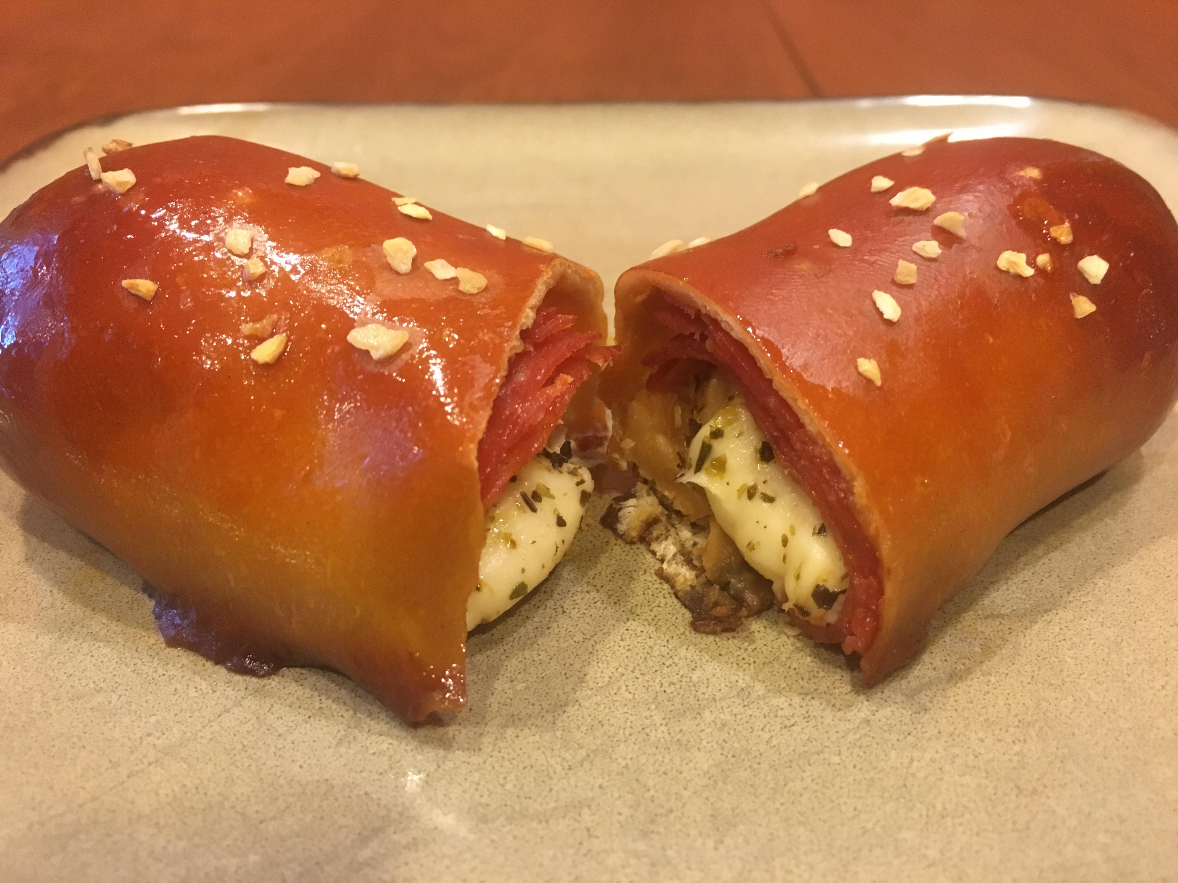 [Homemade] pepperoni and cheese stuffed pretzel, topped with dehydrated garlic. | Scrolller