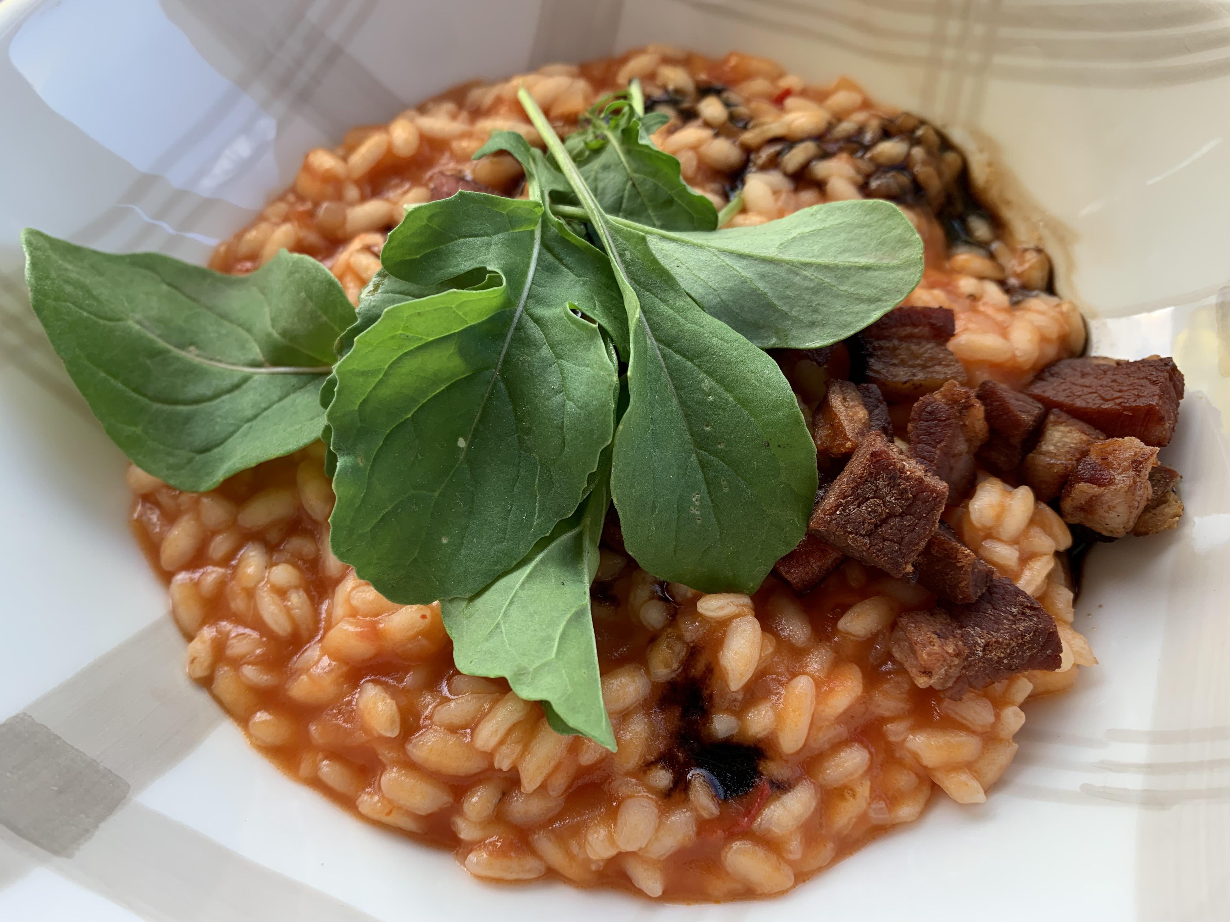 [homemade] risotto arrabbiata with crispy lardon, homegrown arugula and balsamic vinegar sauce ...