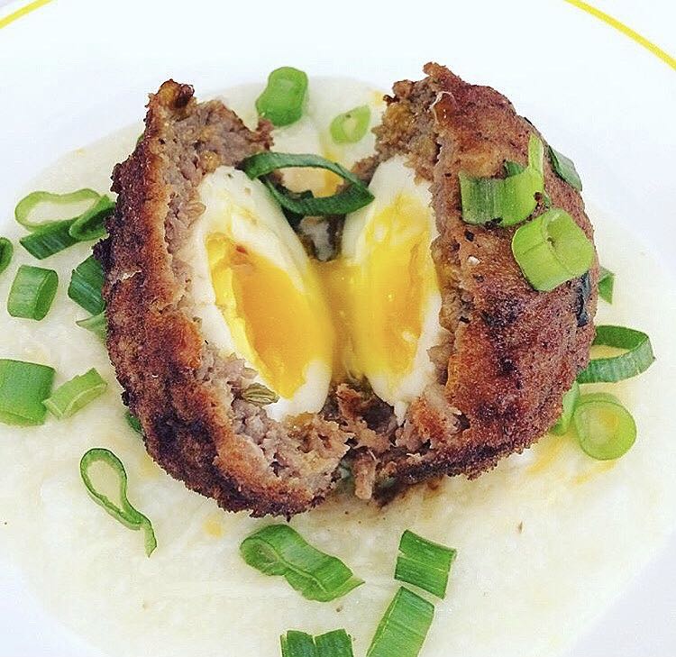 [Homemade] Soft boiled scotch egg over cheese grits. | Scrolller