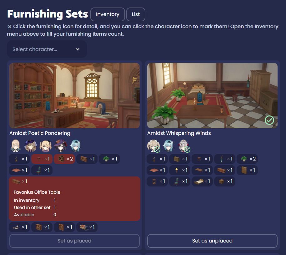 I made a Furnishing Sets Tracking Tool - paimon.moe/furnishing | Scrolller