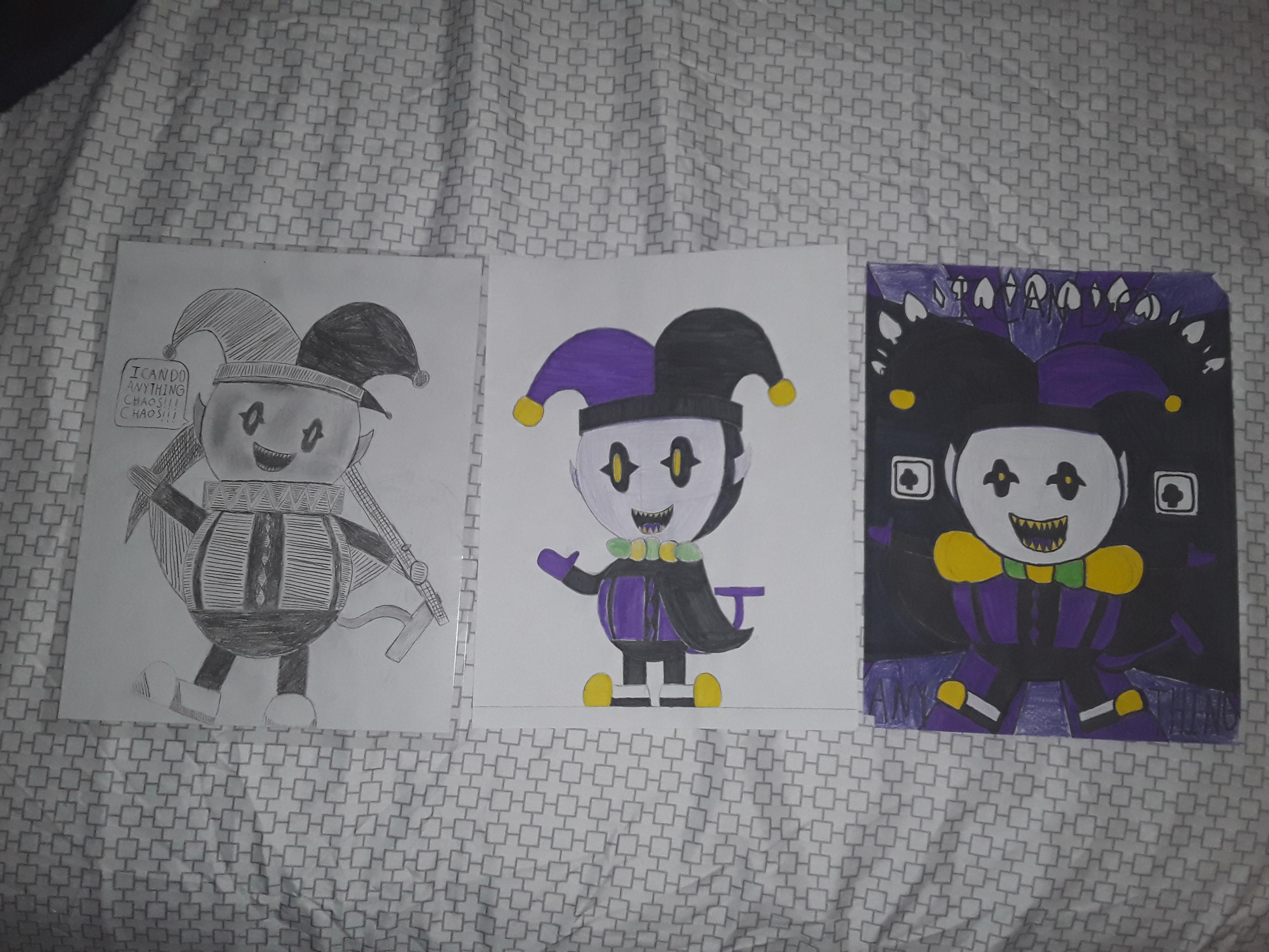 I'm trying to make jevil look better but here's some of my old drawings of Jevil. I nicknamed ...
