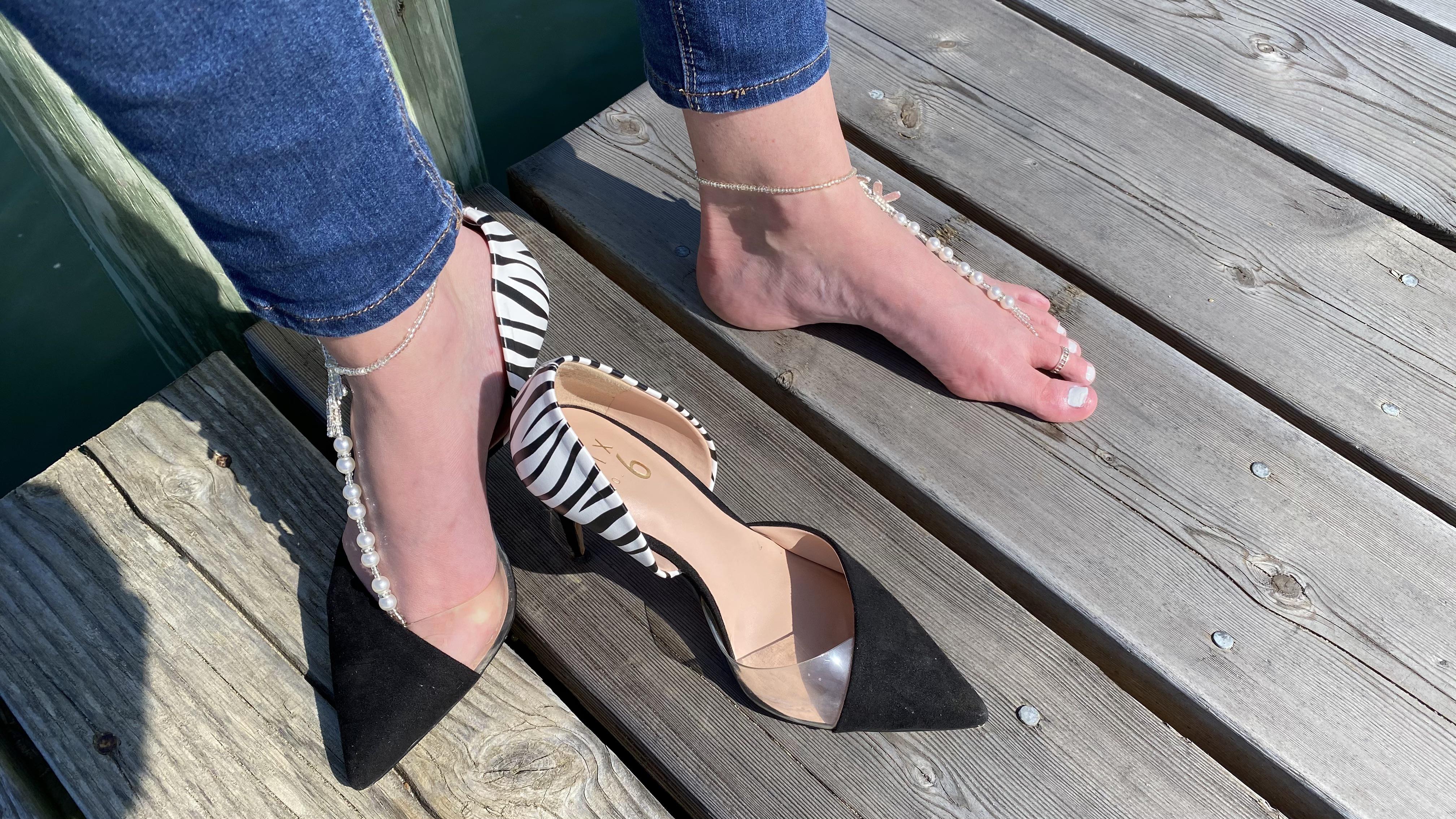 In the shoe... out of the shoe with new white polish. And the “barefoot sandal” (foot bracelet ...