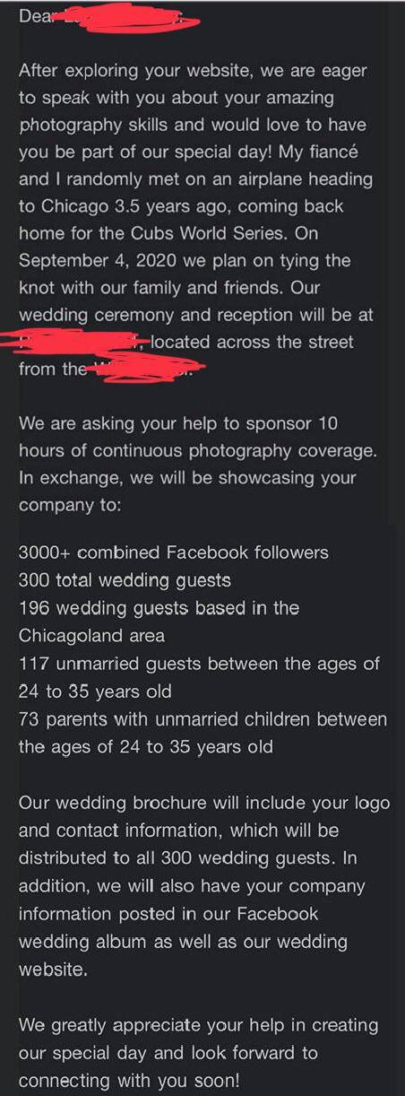 InFluEnCeR wants photographer to “sponsor” her wedding. | Scrolller