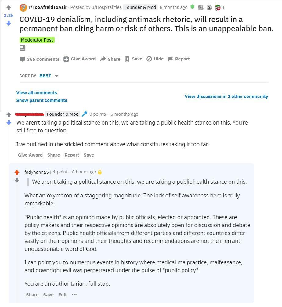 Instant ban from r/tooafraidtoask, no rebuttal or response | Scrolller