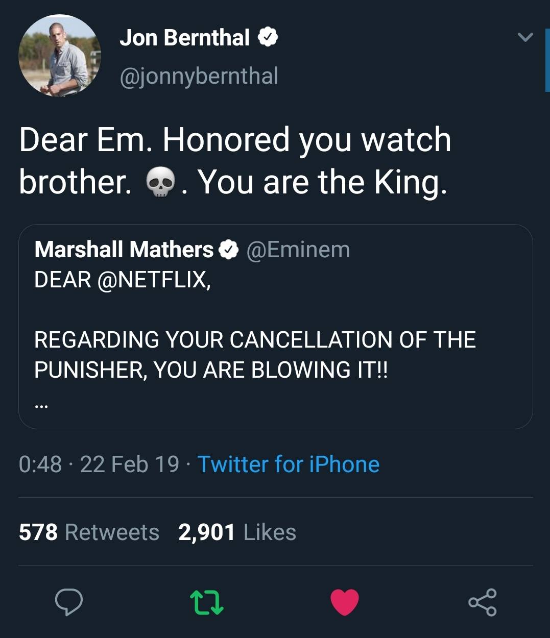 Jon Bernthal responds to Eminem's tweet about shows cancellation! | Scrolller