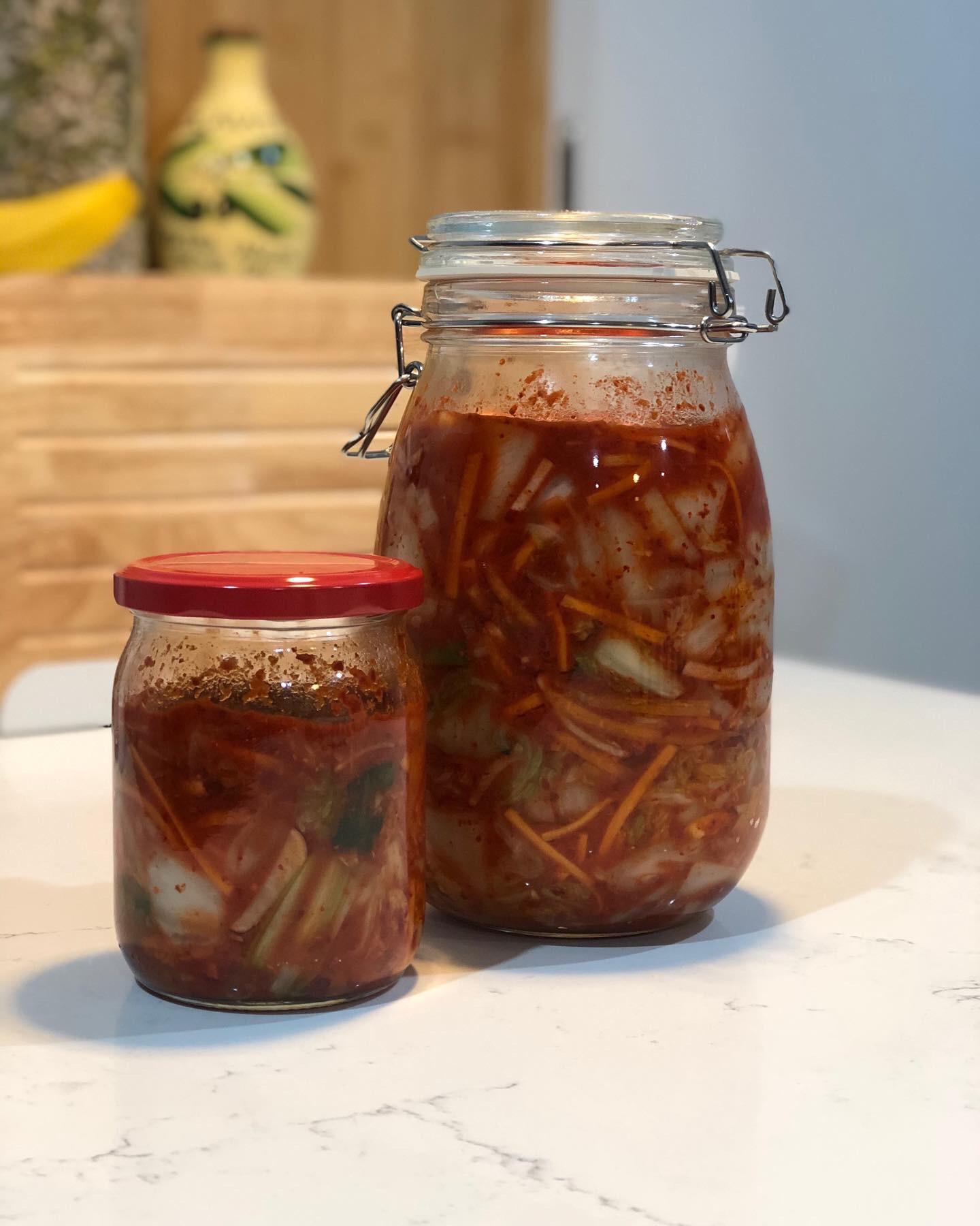 Made my first ever batch of kimchi! (Don’t worry, kids are just placed on top and not air tight ...