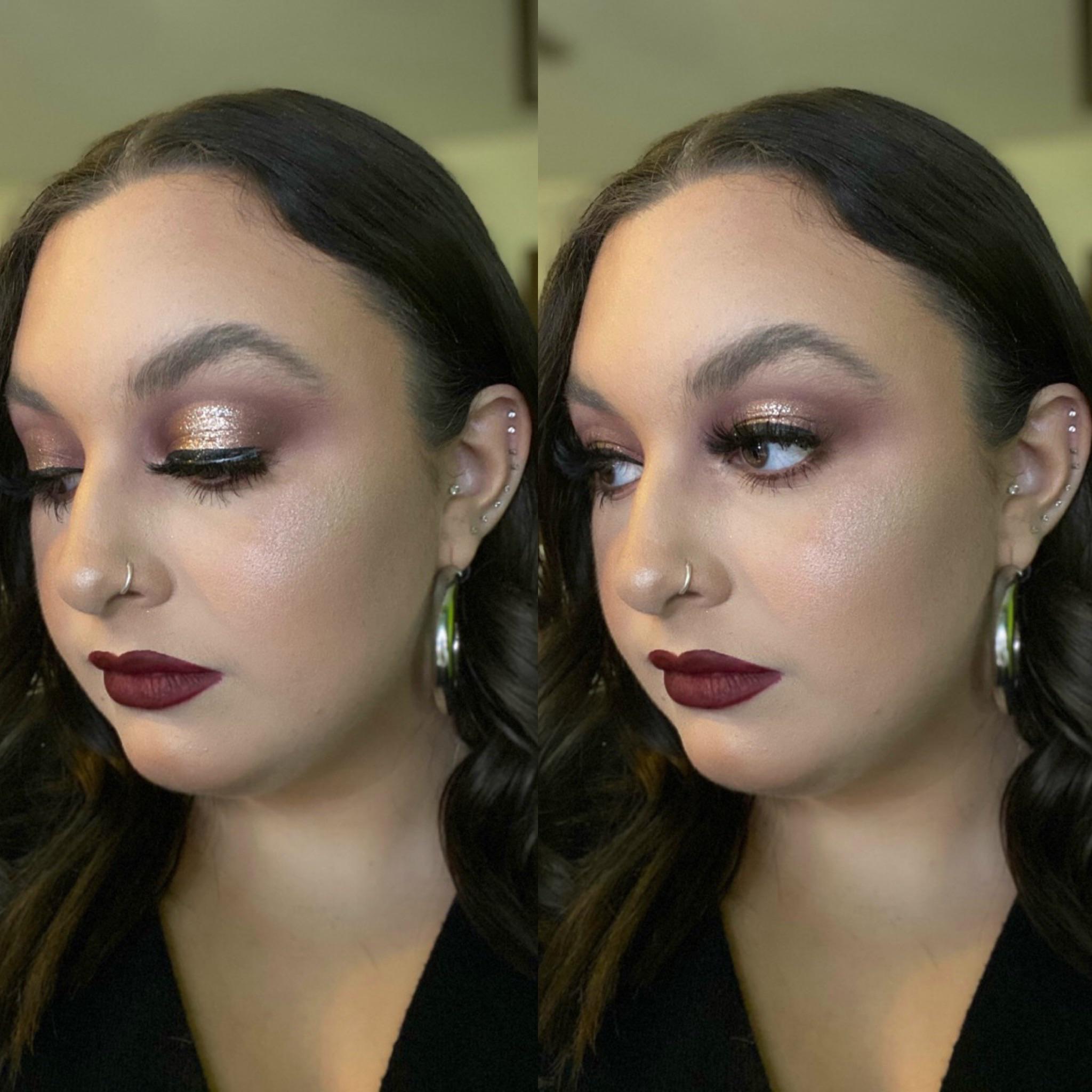 Mauve and gold halo eye with a bold lip. Love this for a glam holiday look! | Scrolller