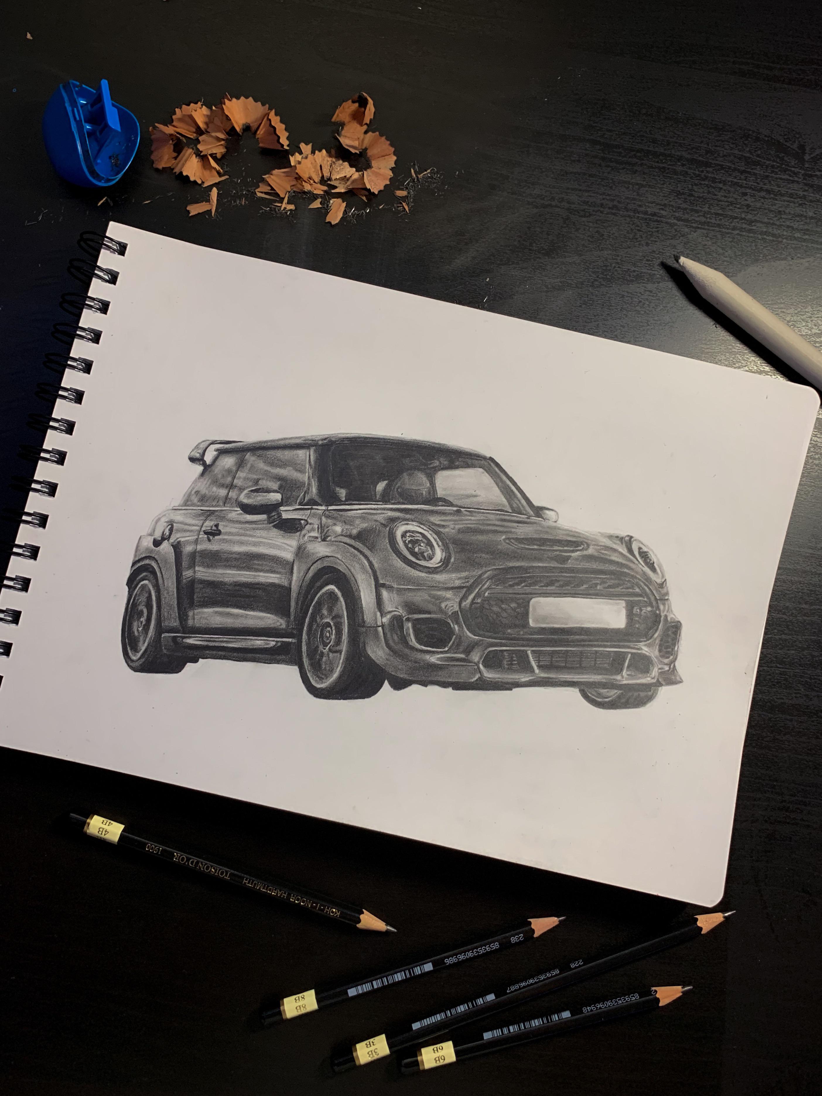 Mini Cooper, me, pencil on paper, 2020 | Scrolller
