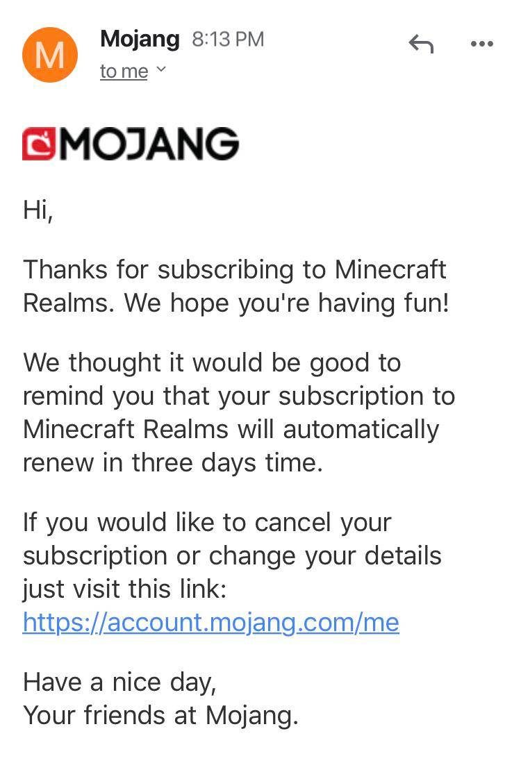 mojang notifying you 3 days before your subscription for minecraft realms is renewed | Scrolller