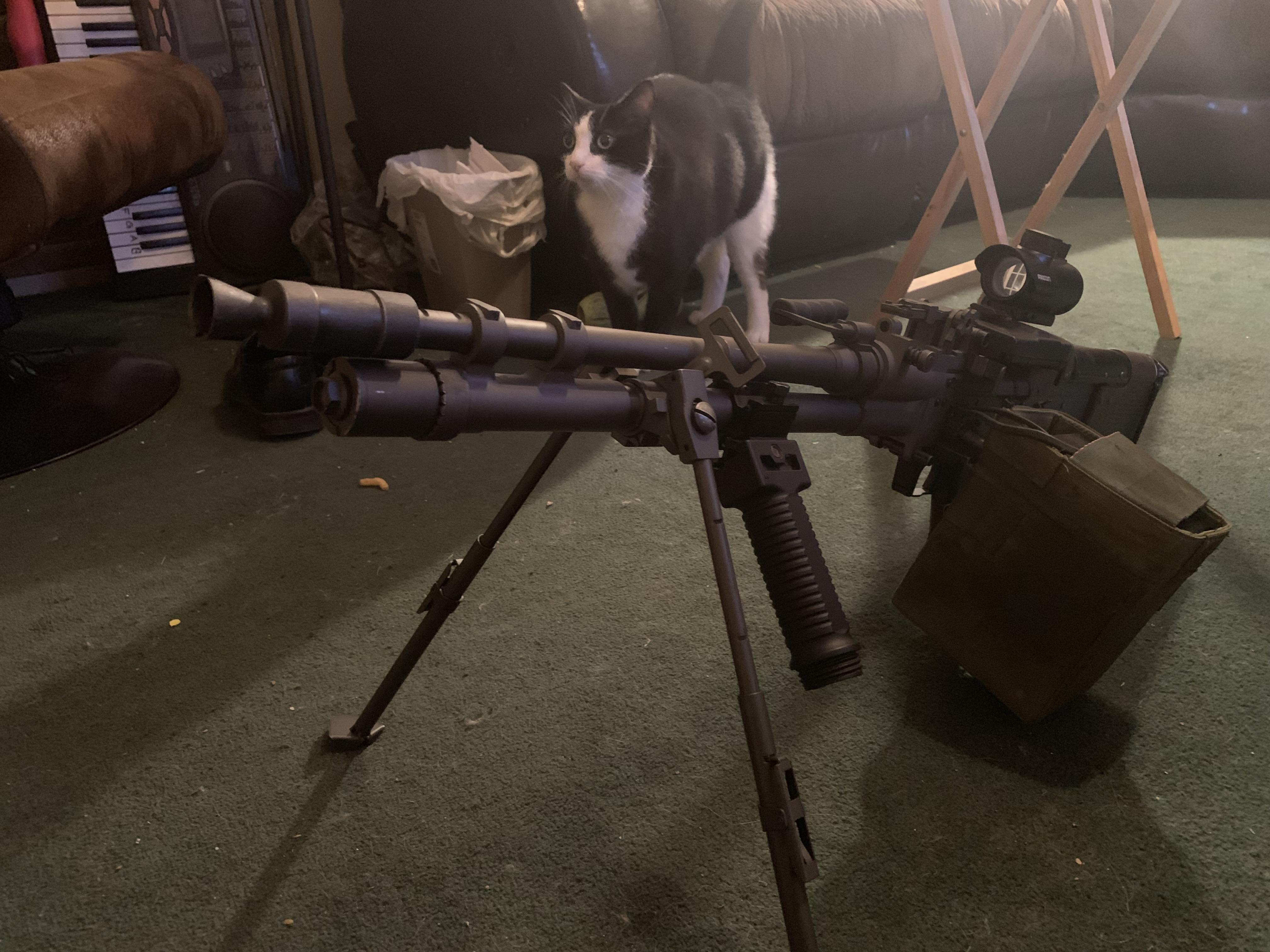 My 22 pound merciless, cold blooded killing machine next to my upgraded airsoft m60 | Scrolller