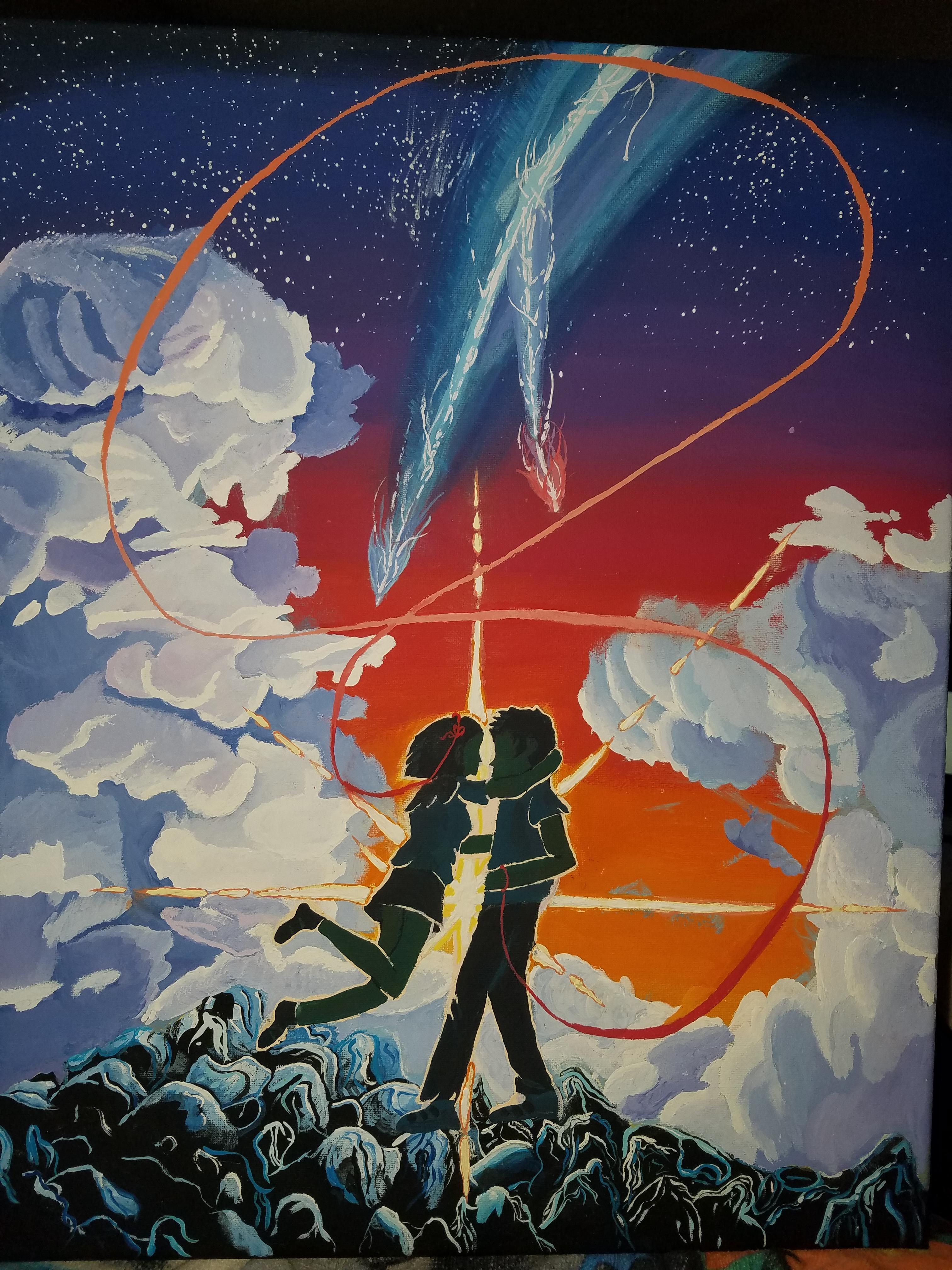 My acrylic painting of "Taki and Mitsuha at Kataware-doki!" | Scrolller