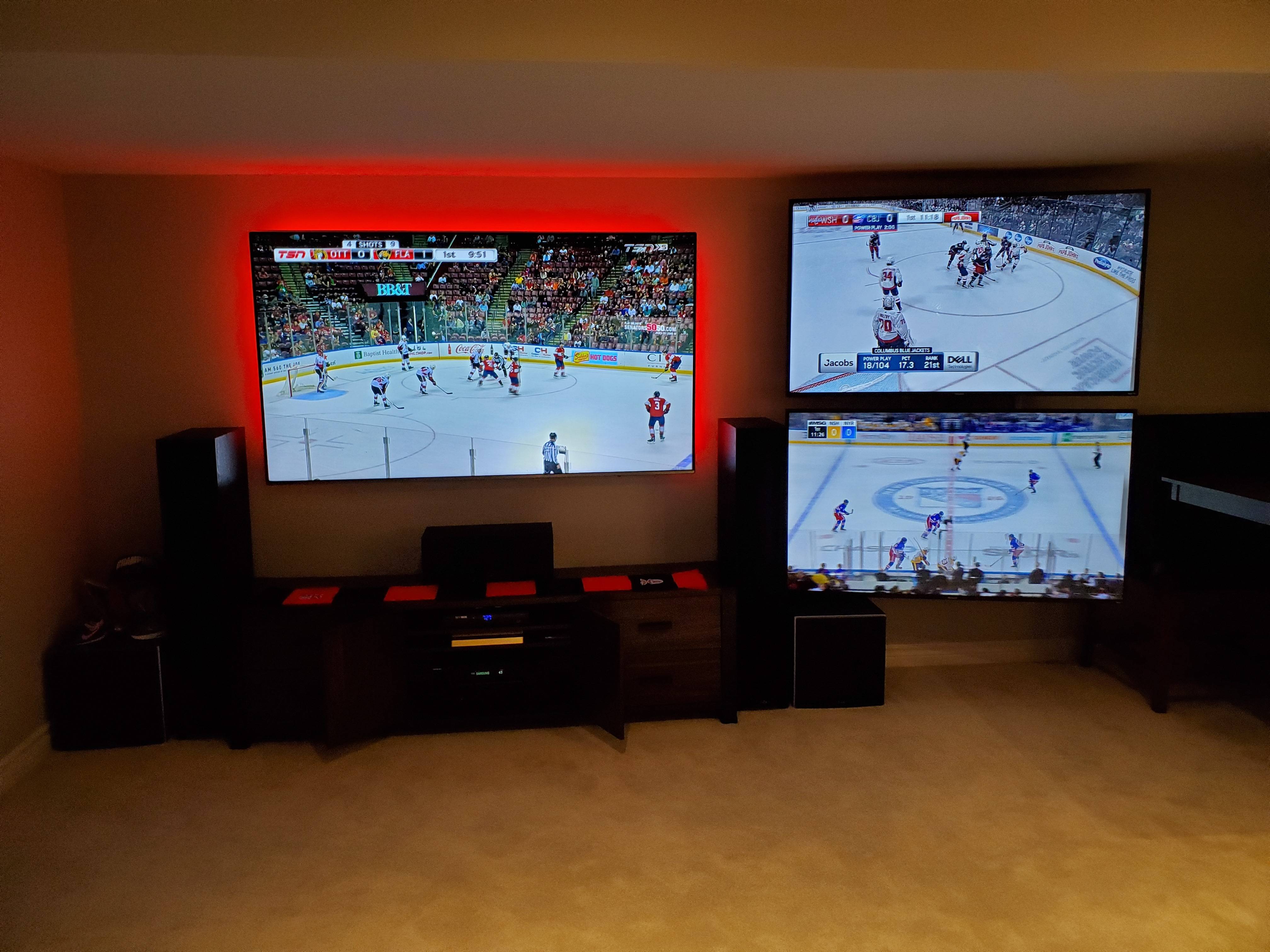 My cozy little setup in our basement, perfect for watching multiple games at once. | Scrolller