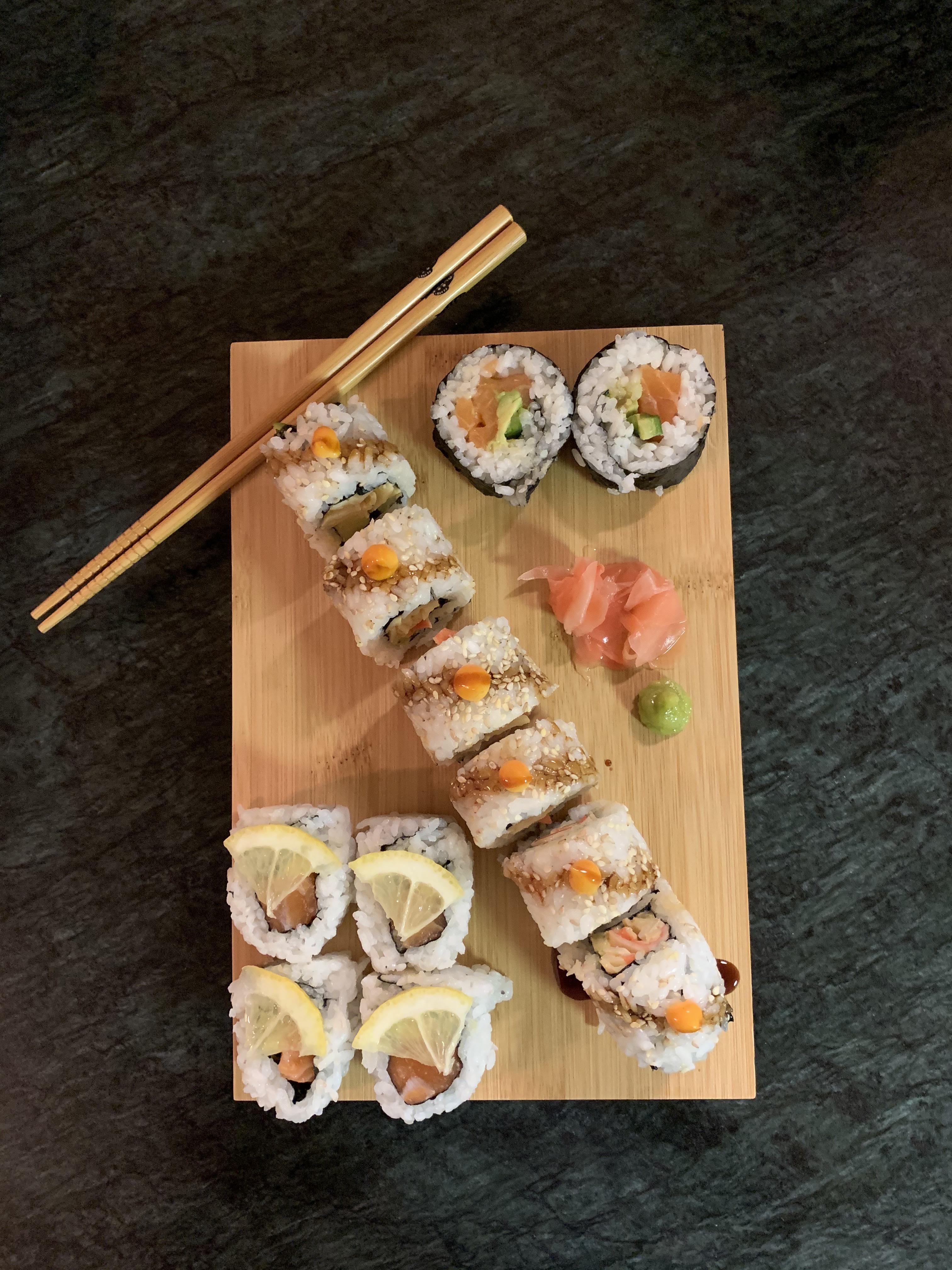 My girlfriend and I made sushi for the first time together last night! This is the result ...