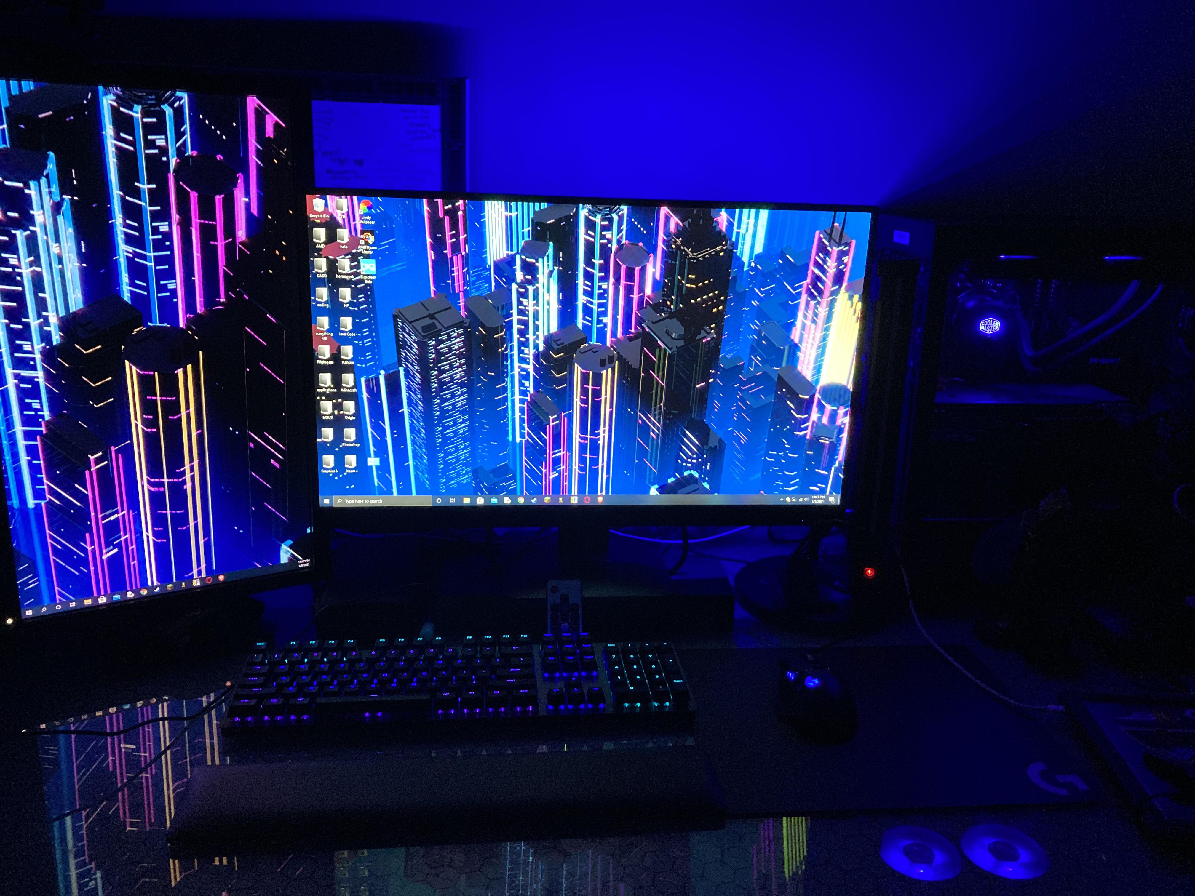 My synthwave setup on an ikea glass desk. The reflections make it look awesome! | Scrolller