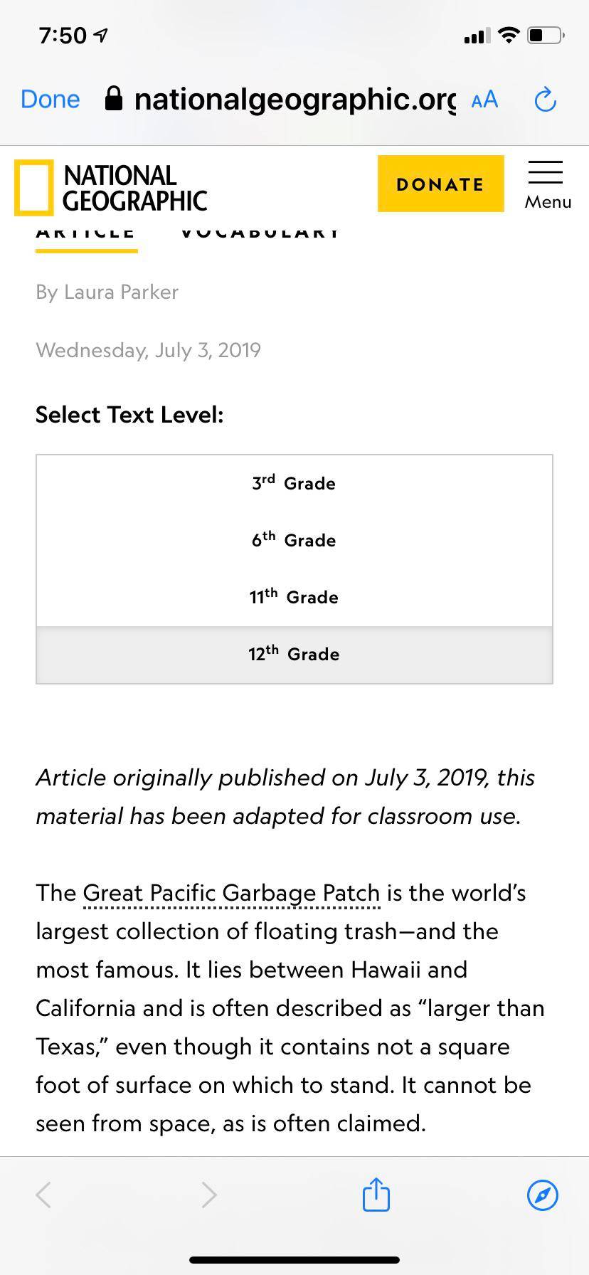 National Geographic has a reading level selector on articles they’ve ...