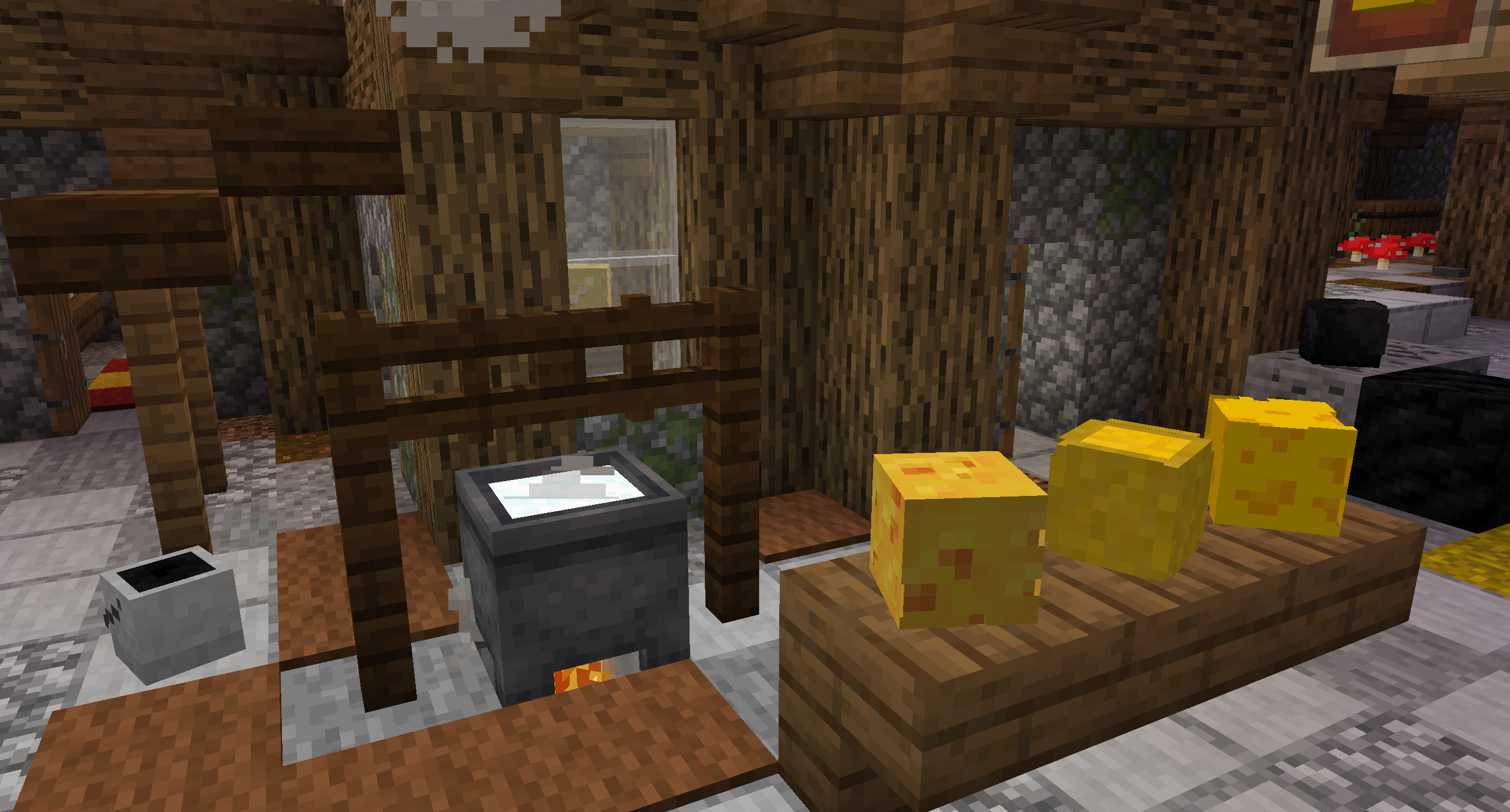 Powdered snow cauldron over a campfire for a milk cauldron in front of a cheese shop | Scrolller