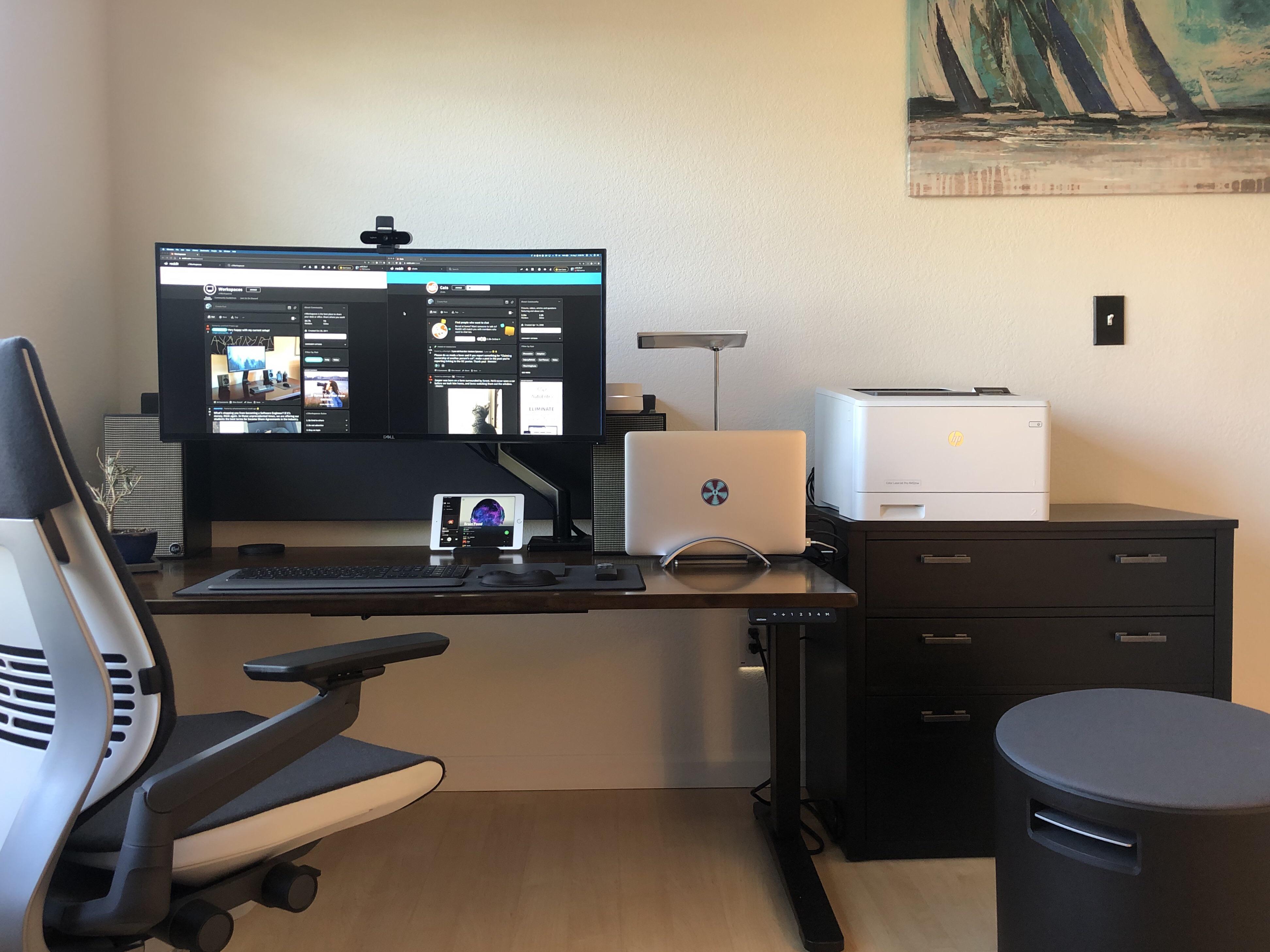 Printer finally got a new home, got a seat for visitors, some storage, and a new desk height ...