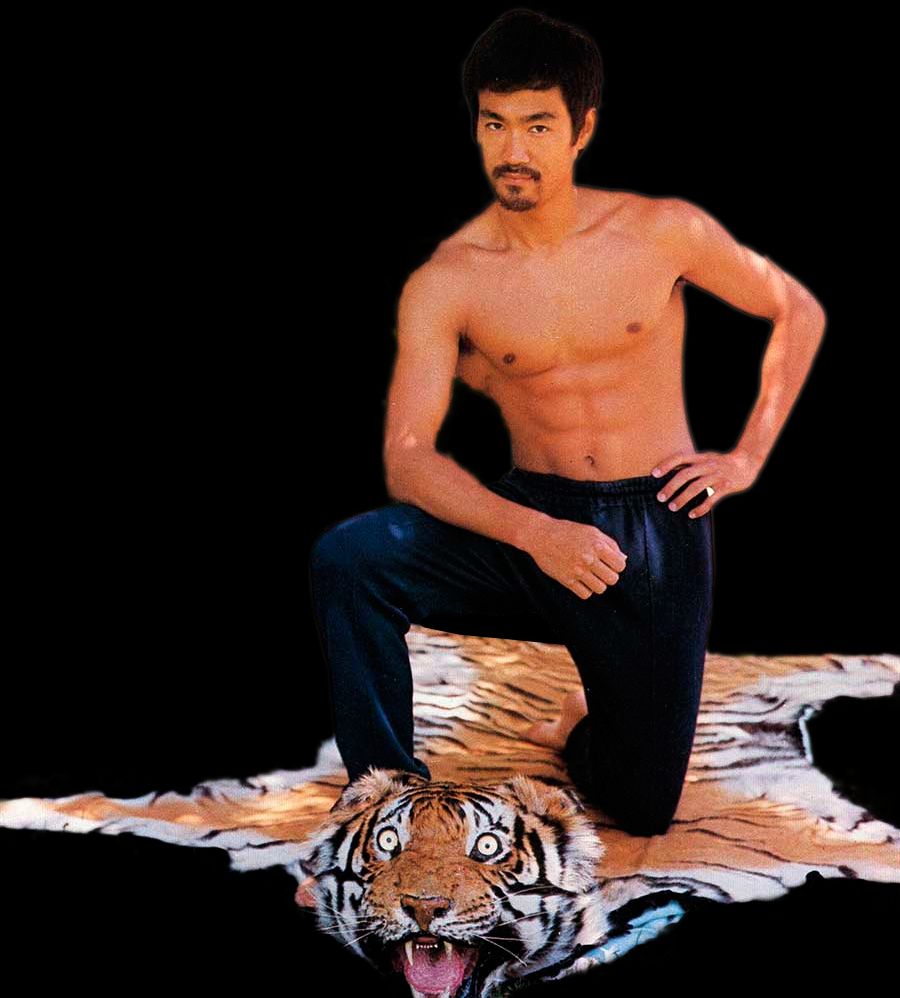 PsBattle: Bruce Lee taking a knee on a shocked-looking tiger skin | Scrolller
