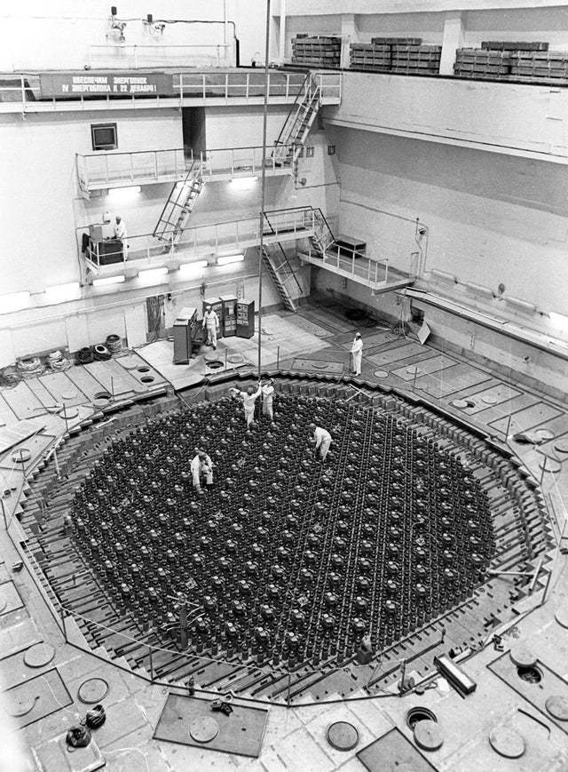 Reactor #4 (a RBMK-1000 design) of the Chernobyl Nuclear Power Plant nearing completion ...