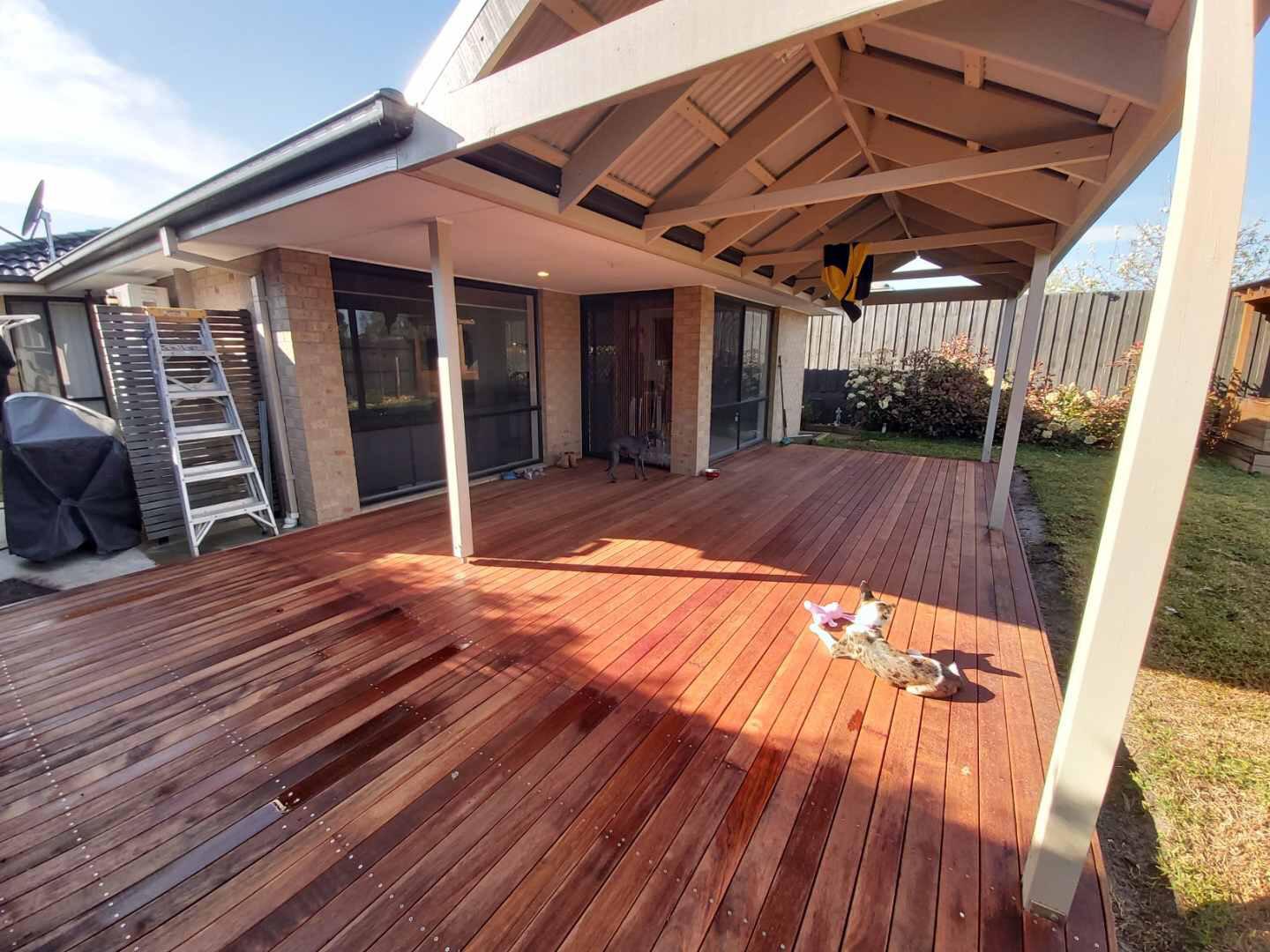 Recent deck i built at home, timber battens over concrete slab. Roughly 39 square metres done ...