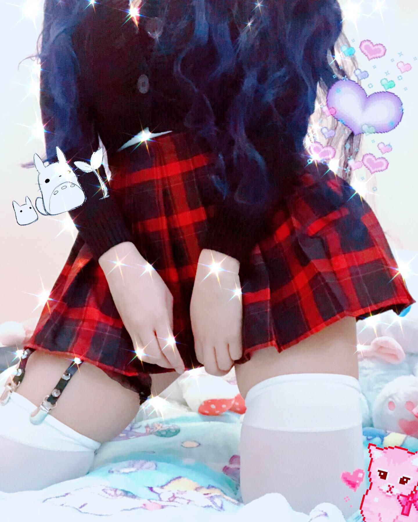 Red plaided skirt with white thigh high socks~ | Scrolller