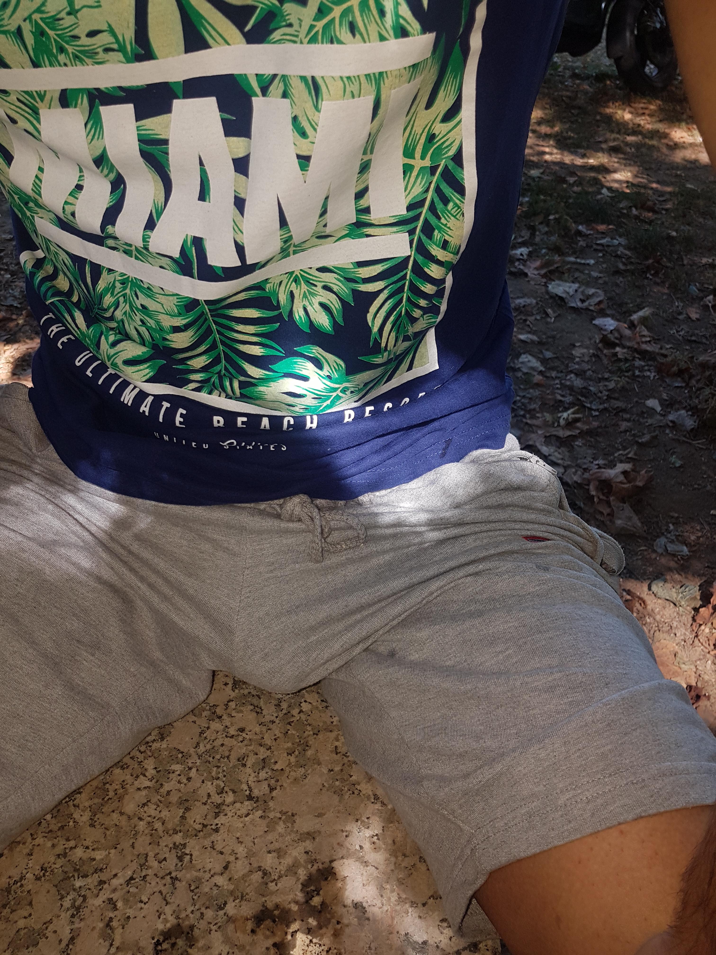 Resting after a long walk in chastity. I am getting used to it, I think. I have to hide my bulge ...