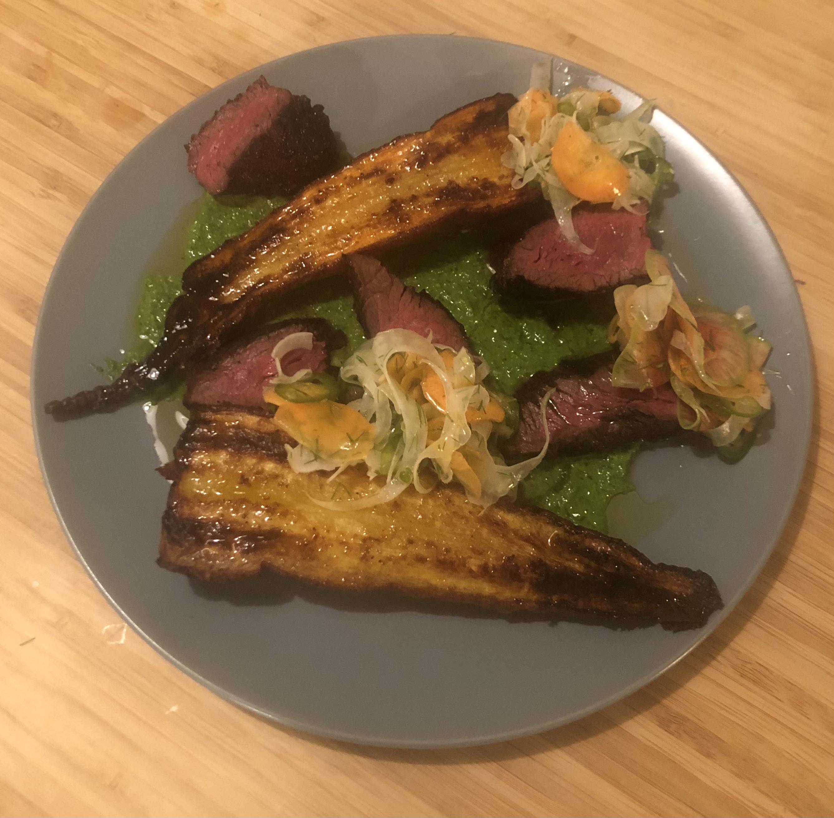Roasted carrot, hangar steak, shaved vegetables, salsa verde | Scrolller