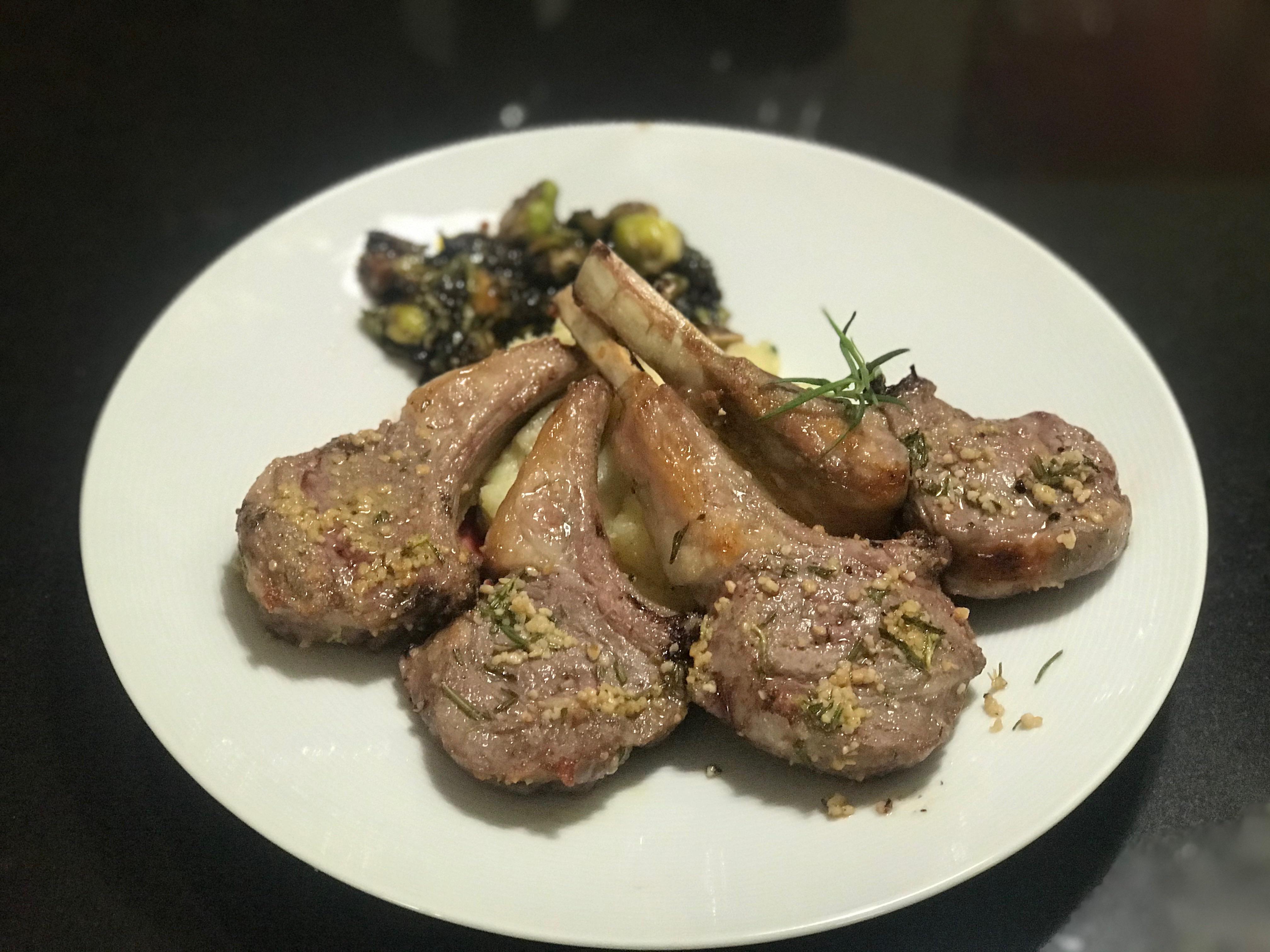 Rosemary, garlic lamb chops, with chive mashed potatoes and honey balsamic Brussels sprouts ...