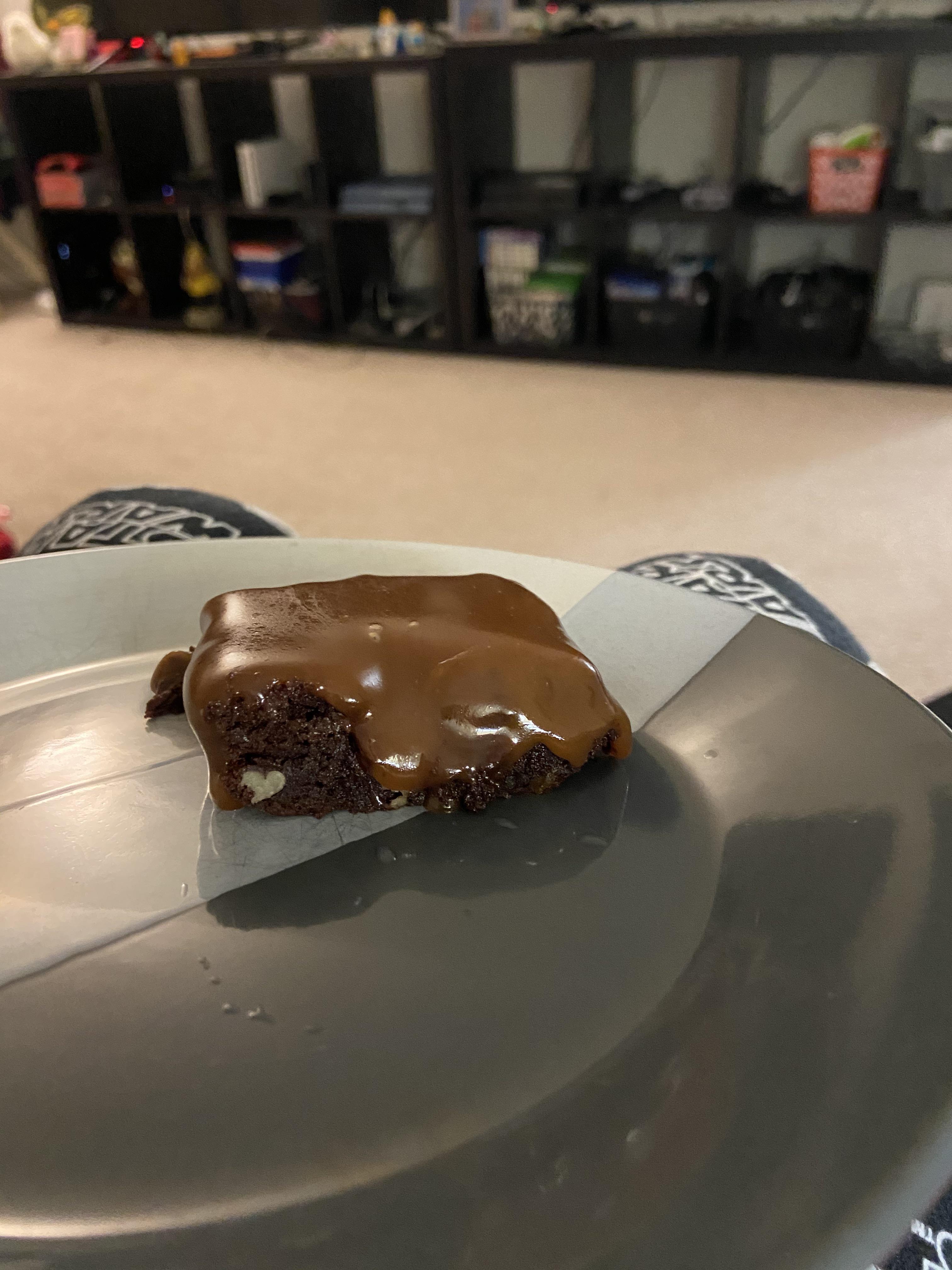 Salted caramel topped pecan brownies. These are so amazing! Also my first time ever making ...