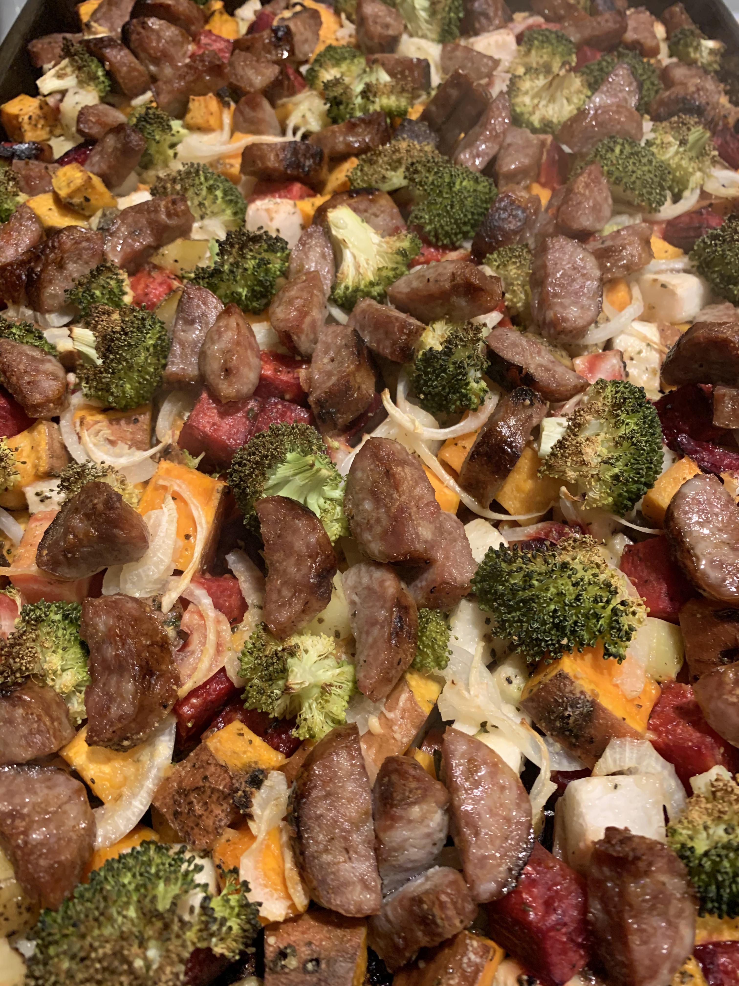 Sausage and root vegetables with Parmesan broccoli | Scrolller