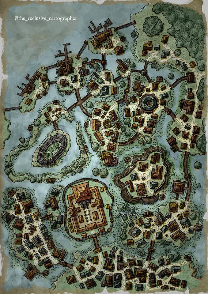[Settlement Map] The swamp town of R'ozbog. Hand drawn and coloured in Photshop. Enjoy! | Scrolller
