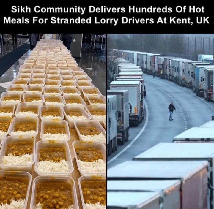 Sikh community delivers hundreds of hot meals for stranded lorry drivers at Kent, UK! | Scrolller
