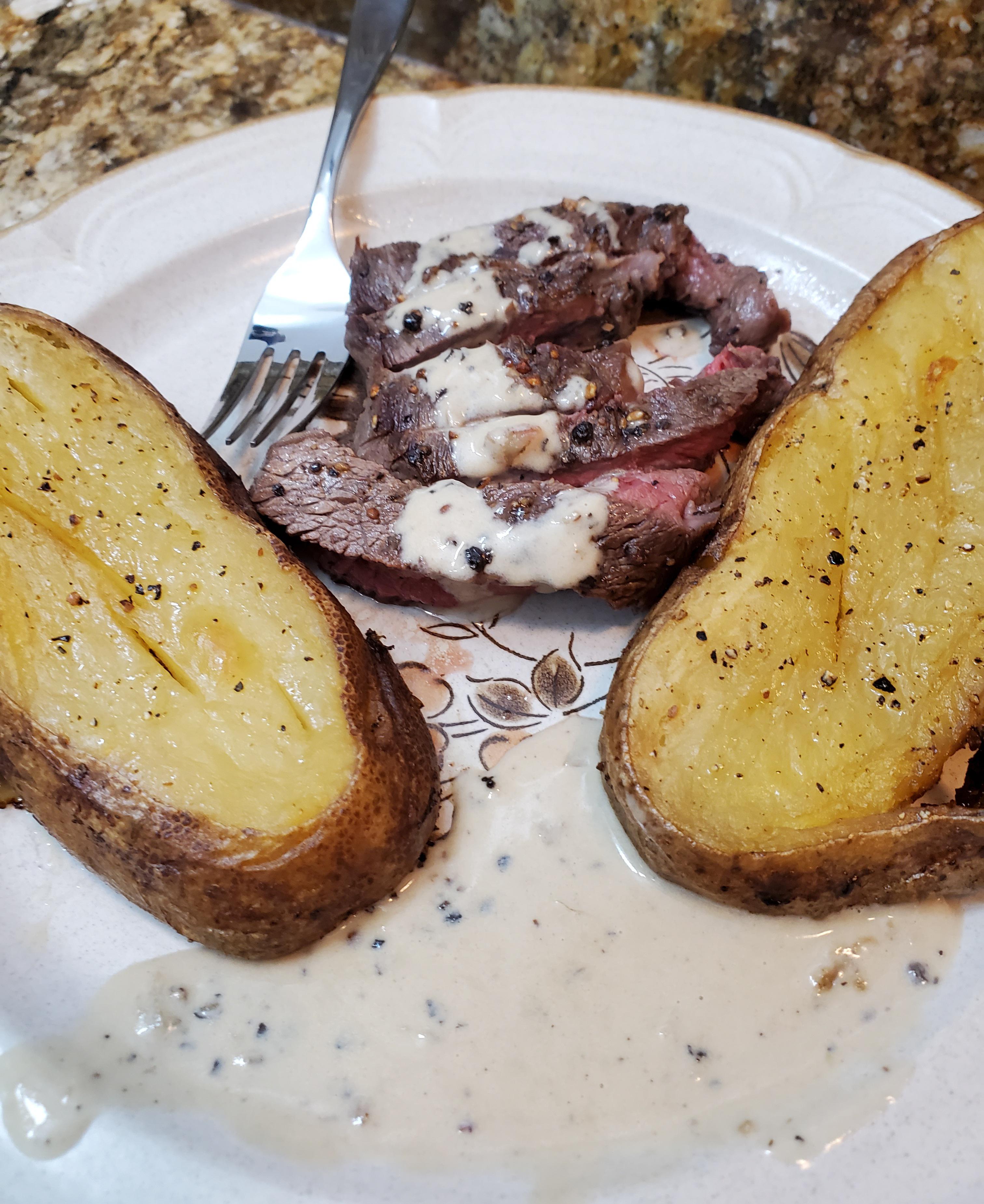 Sirloin Tip with bourbon-pepper pan sauce & lemon pepper potatoes | Scrolller