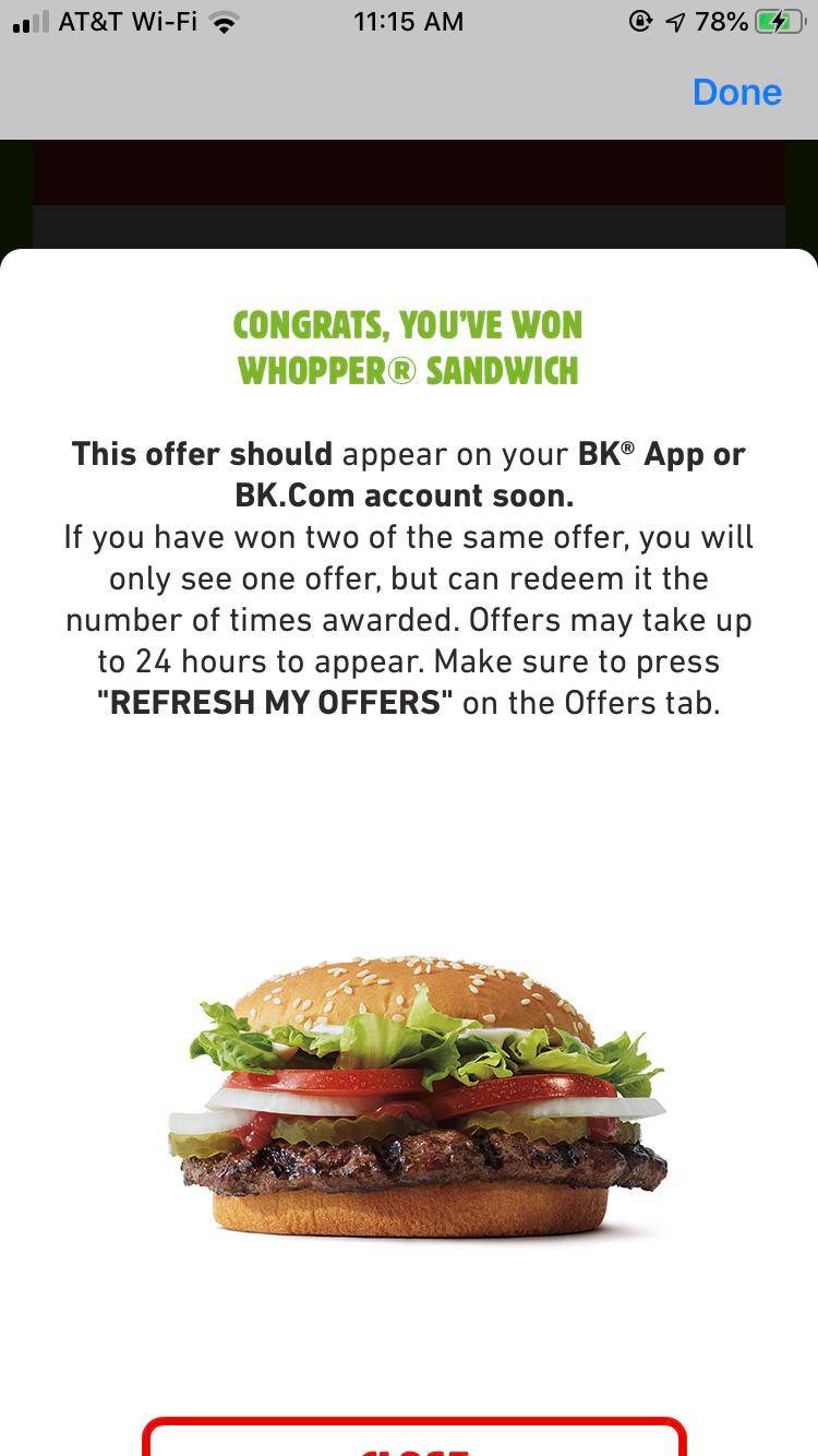 So far I’ve won 3 sundaes, double cheeseburger, fries, and a whopper. | Scrolller