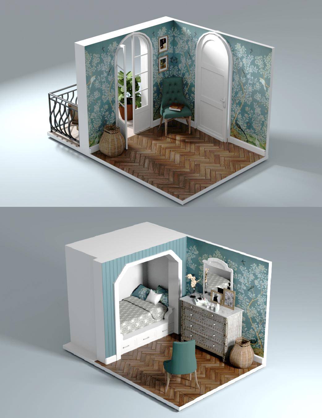 Some iso views. Part of a model I made for an interior designer: the smallest bedroom with a ...
