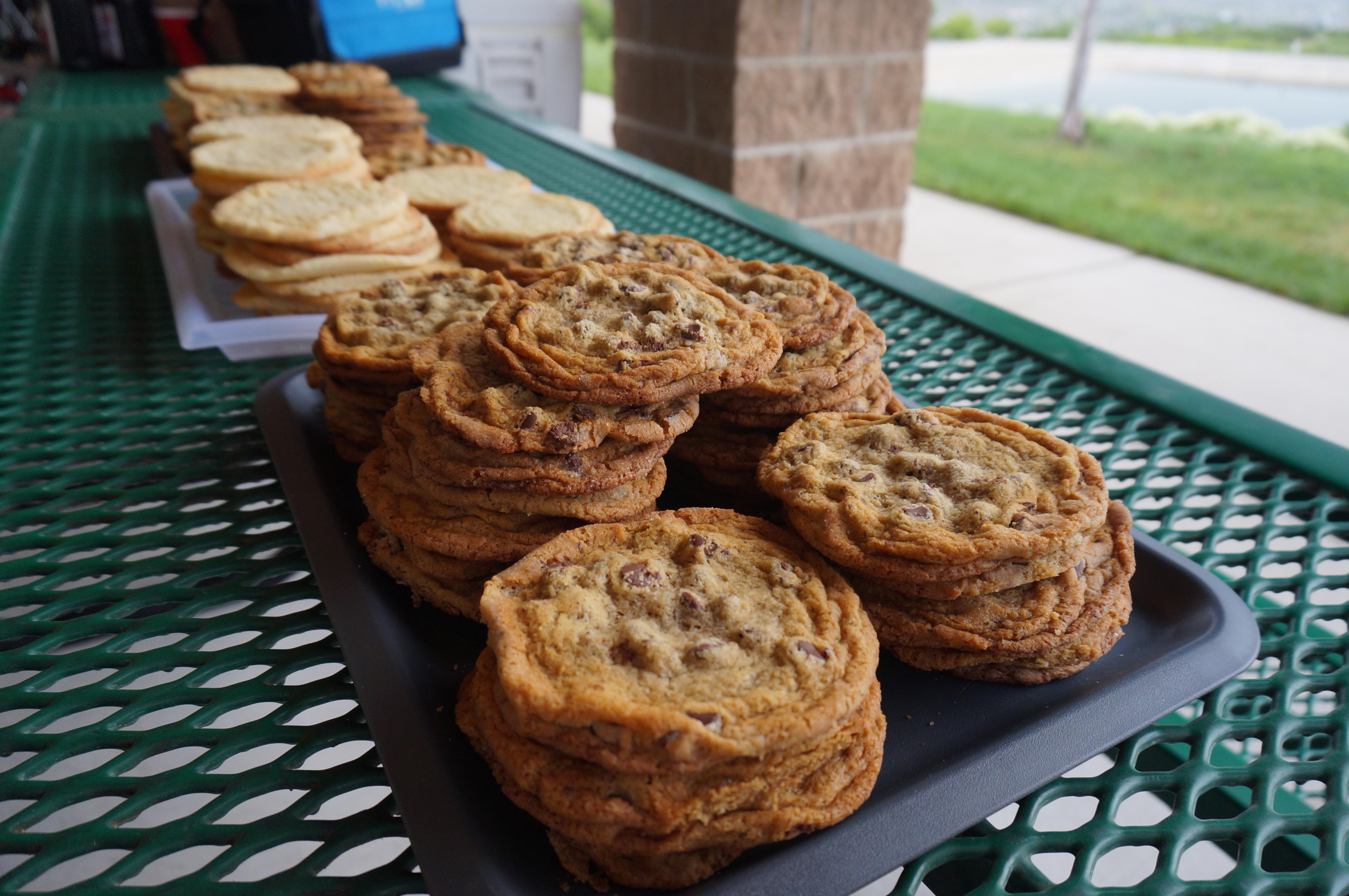 Some scratch butter-based chocolate chip (and snickerdoodle) cookies my dad made for our camping ...