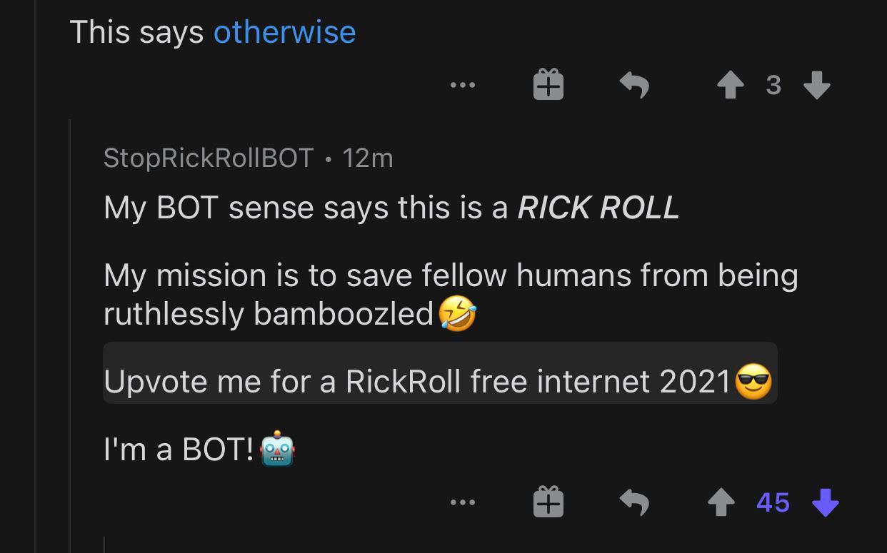 Someone made a Rick roll detection bot. | Scrolller