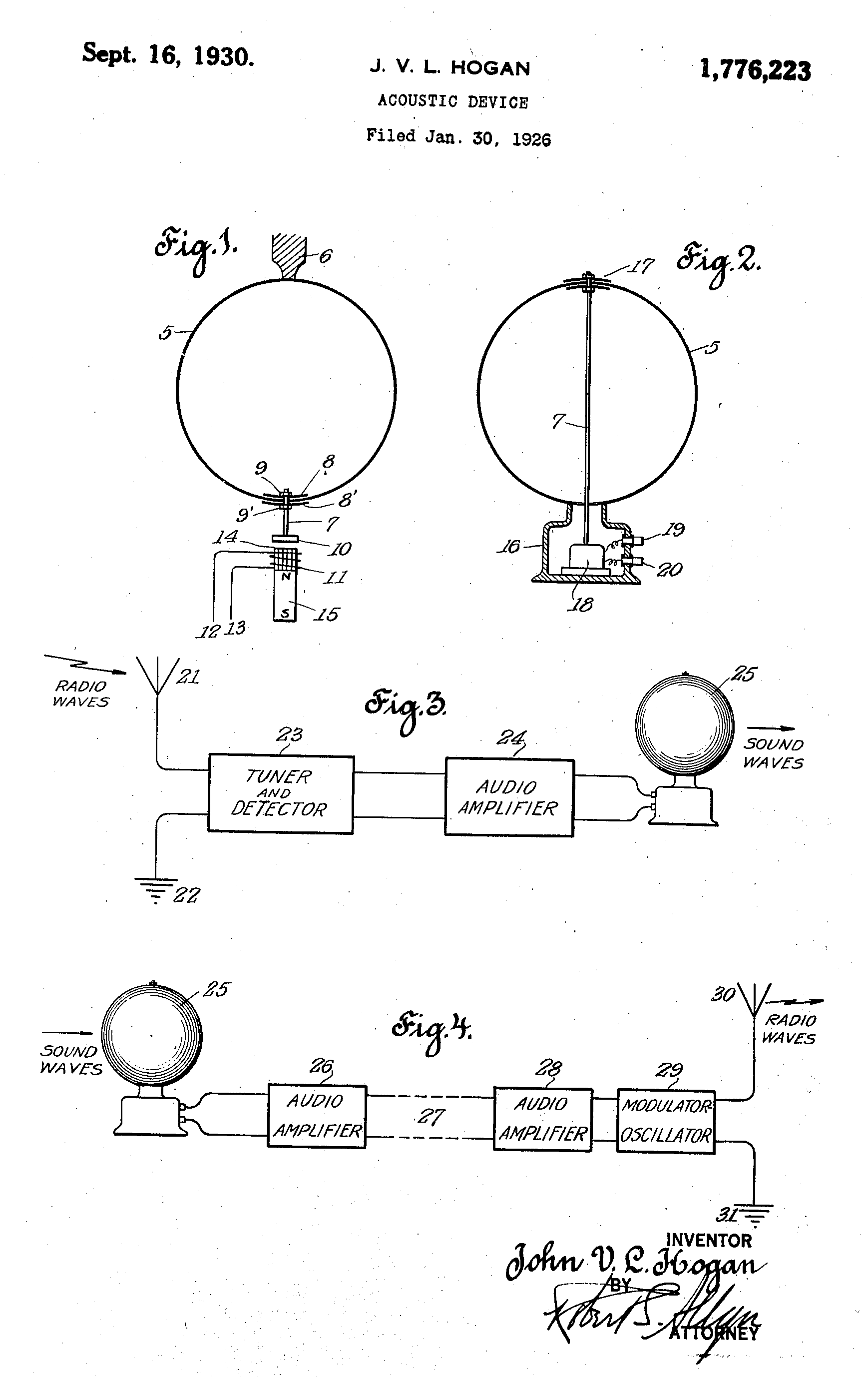 Spherical speaker-microphone 1926 Radio Inventions Inc US1776223 | Scrolller