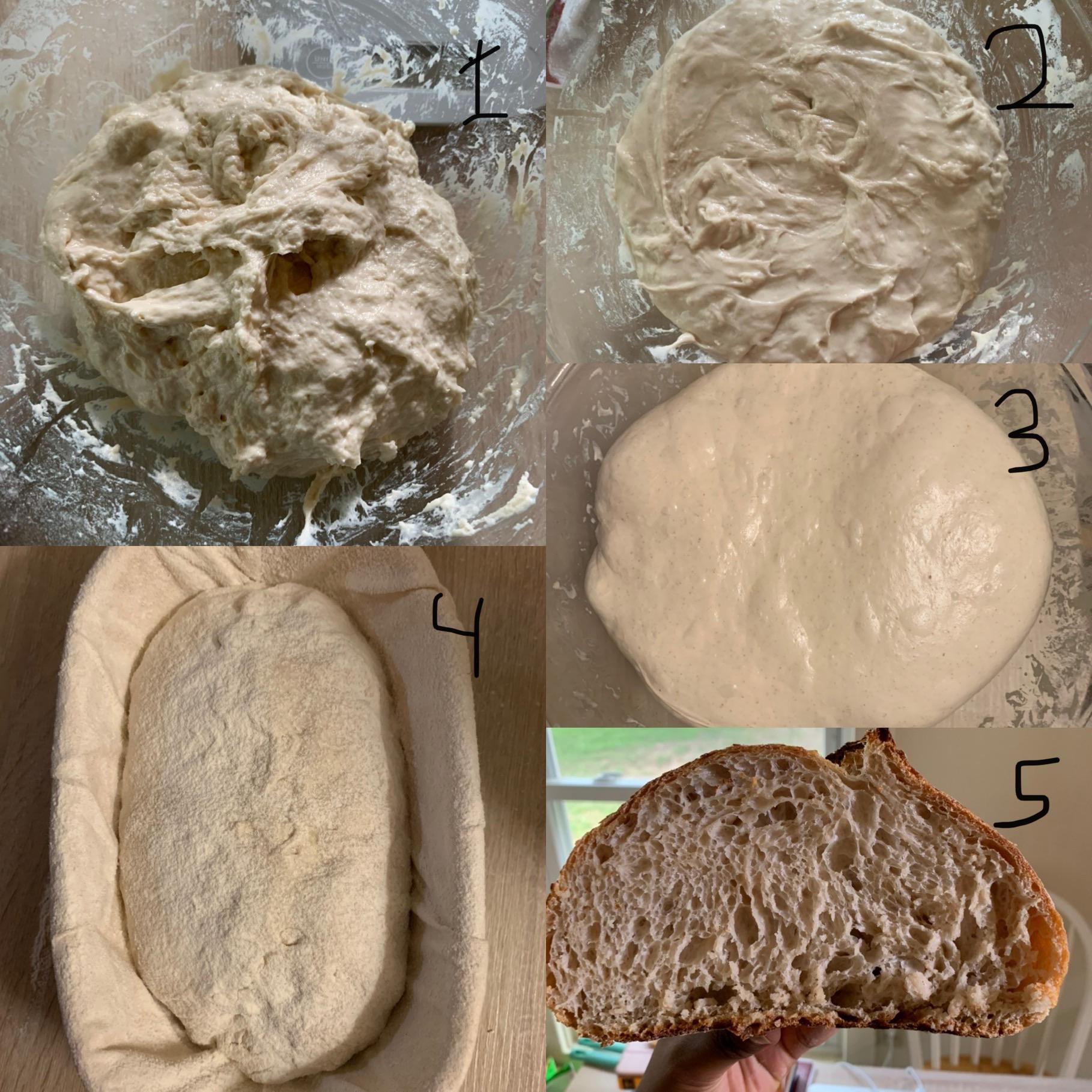 Stages of my dough :) I finally got an even crumb which I am very proud of. 76% hydration ...