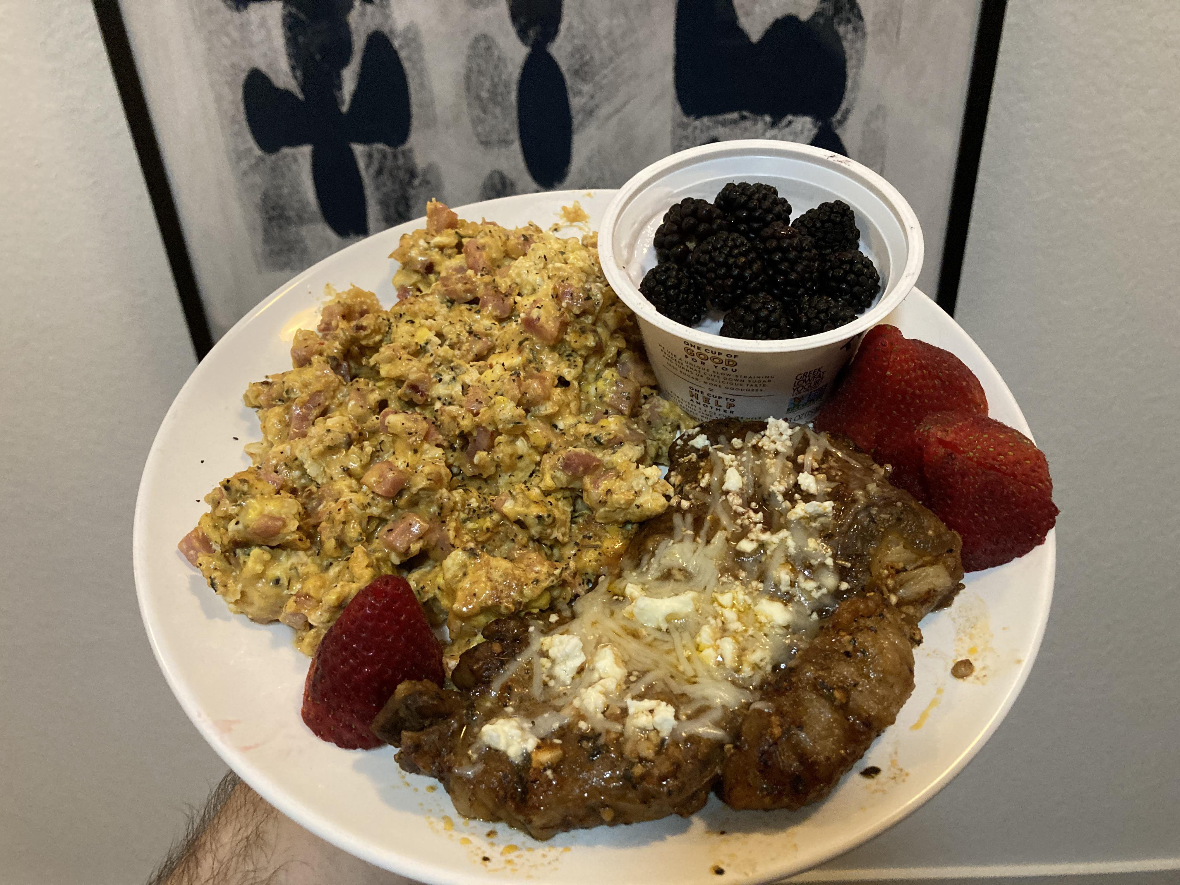 Steak and a ham egg and cheese scramble with yogurt and fruit! | Scrolller