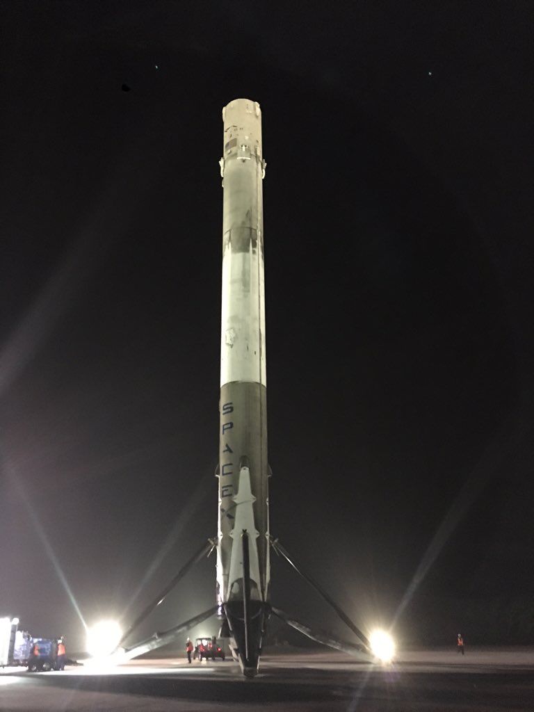 The Falcon 9 first stage standing tall at LZ-1 after the first successful SpaceX landing ...