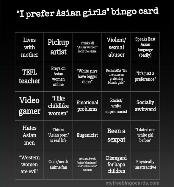 The "I Prefer Asian Girls" Bingo Card (made this for you guys) | Scrolller