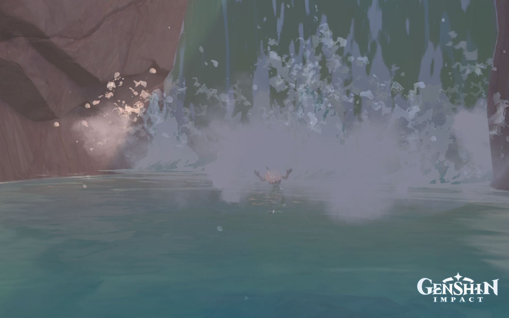 There's a hilichurl taking a bath under a waterfall in Dragonspine | Scrolller
