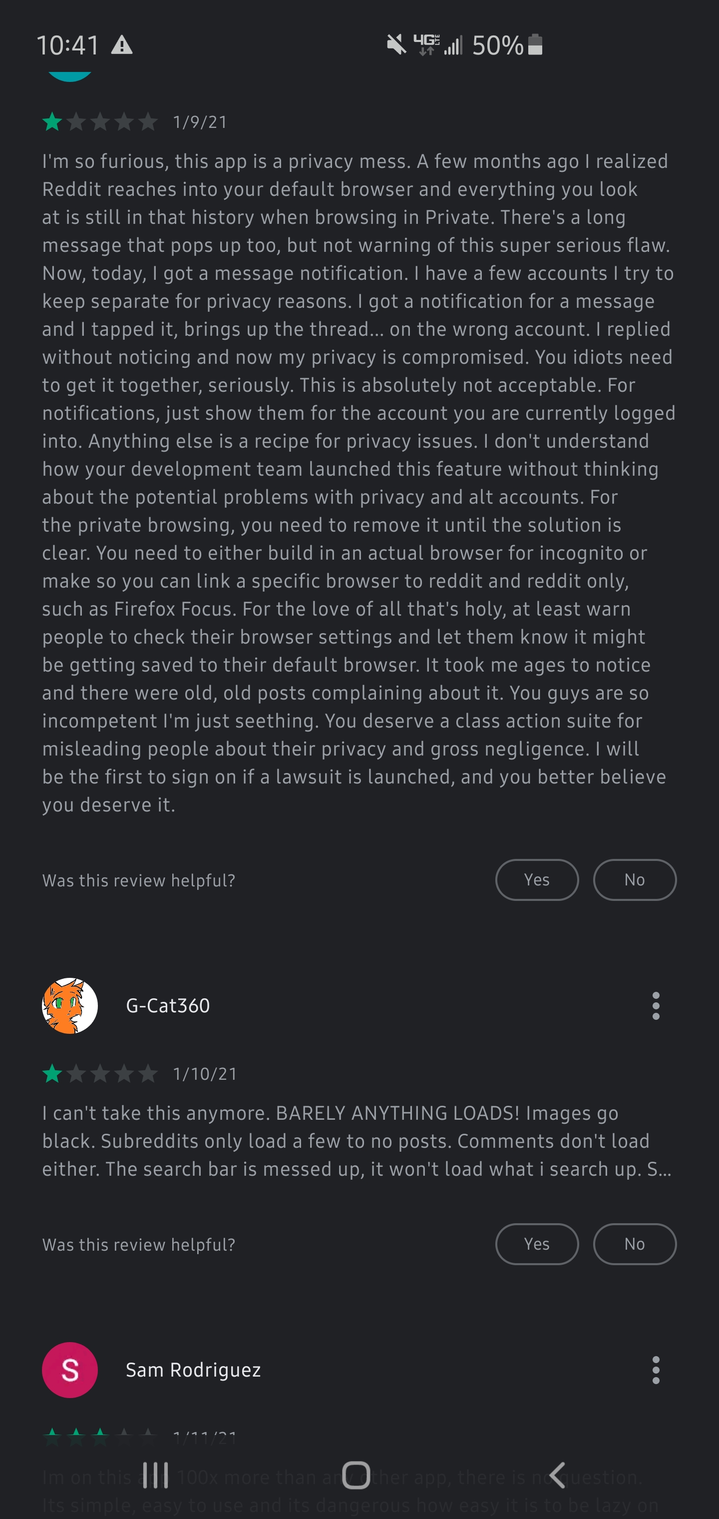 To make a review about privacy. Low effort with screen shot but user blames Reddit app for ...