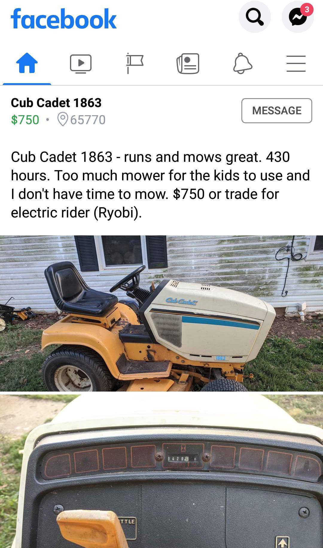 Trade for a Ryobi electric riding mower. | Scrolller