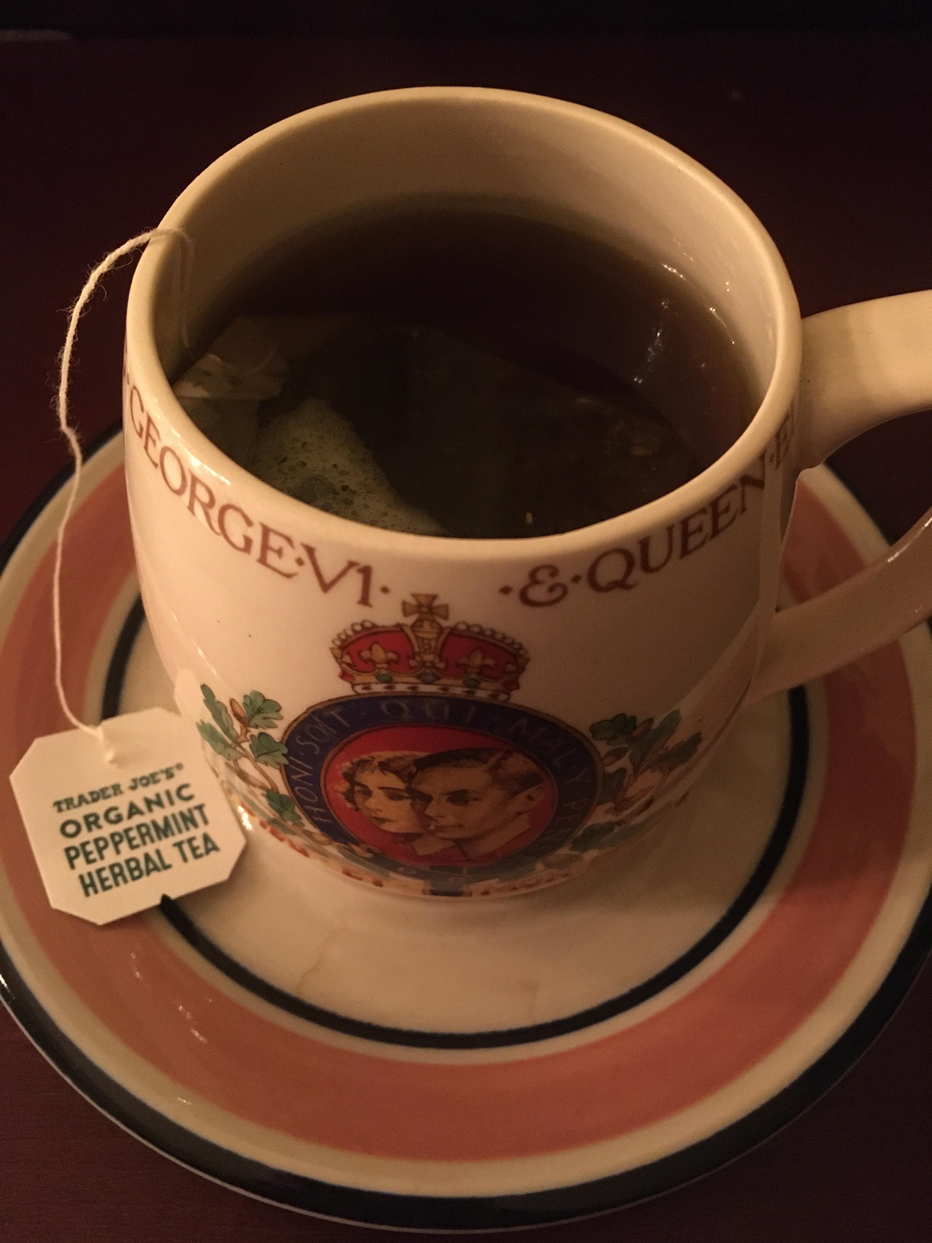 Trader Joe’s Peppermint Herbal Tea in a vintage King George coronation mug. Brewed for 5 min ...