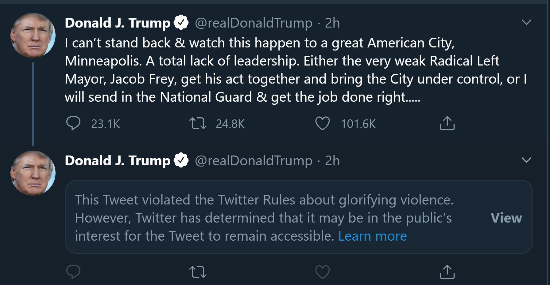 Twitter takes down Trump's tweet "When the looting starts, the shooting ...