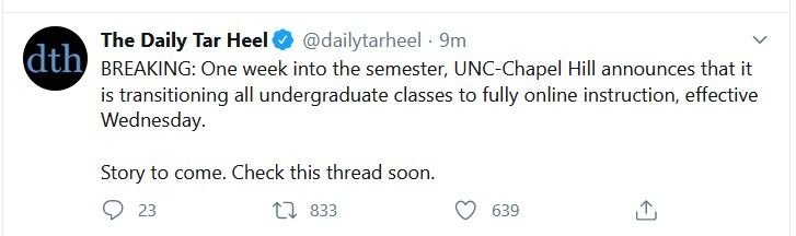 UNC makes it 1 week before going to 100% online | Scrolller