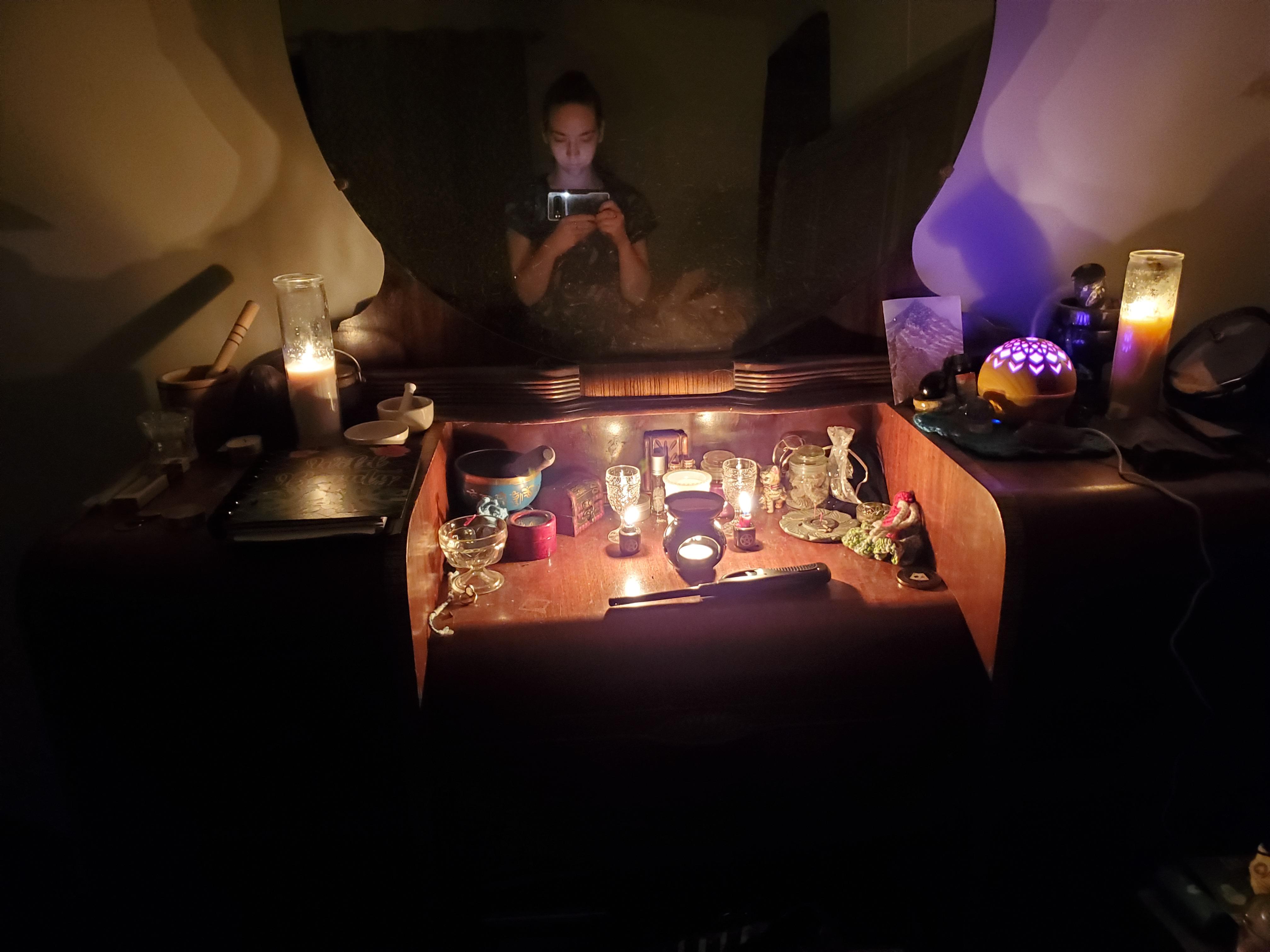 Wanted to share my altar all lit up. The diffuser is my most recent ...